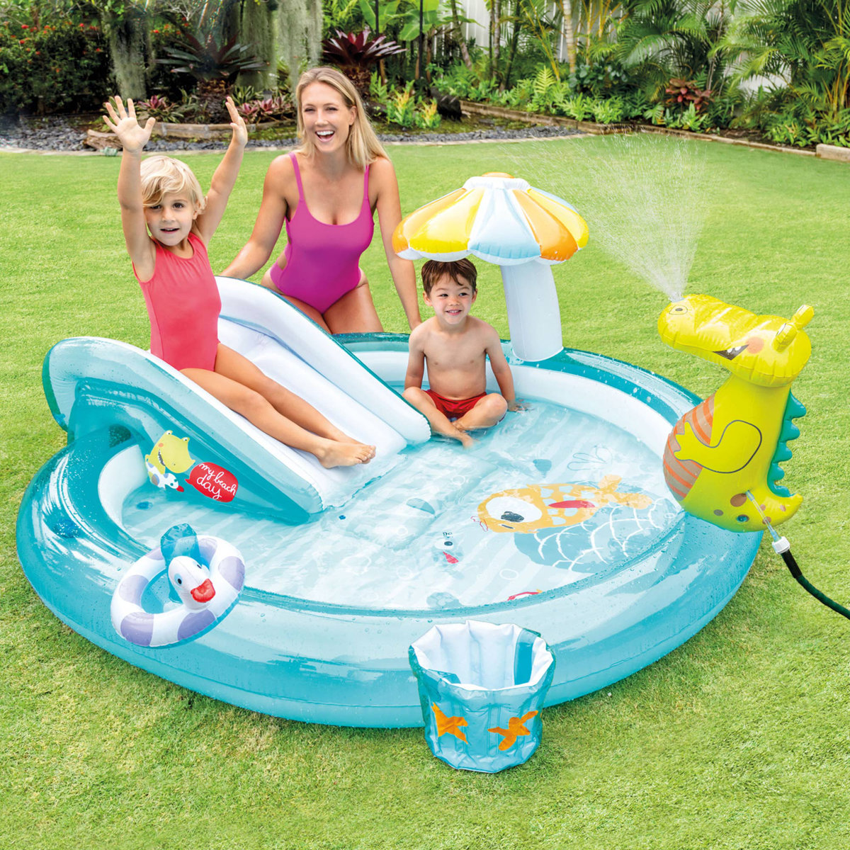 Intex Gator Outdoor Inflatable Kiddie Pool Water Play Center with Slide ...
