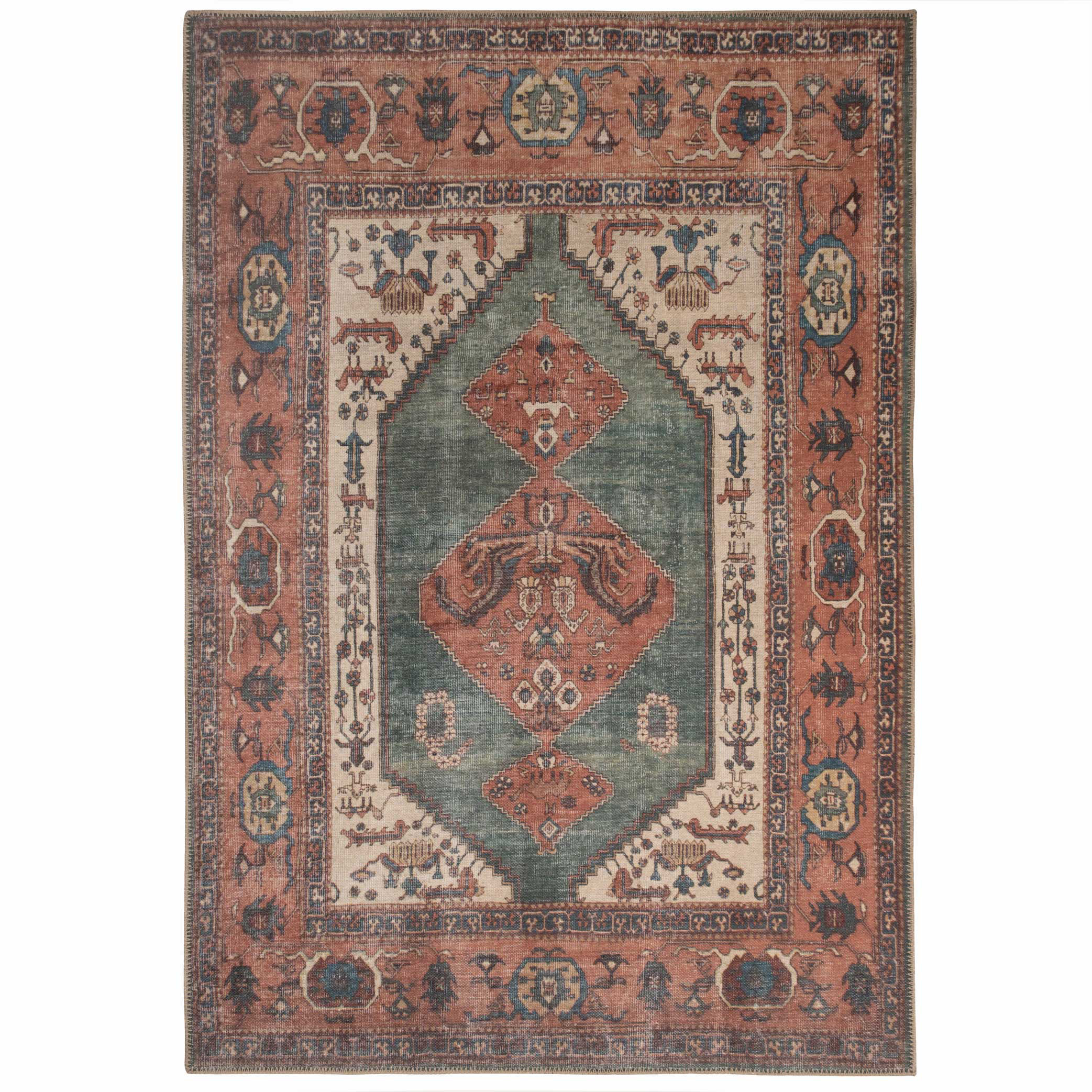 Kukoon Machine Washable Terracotta Green Traditional Persian Style ...