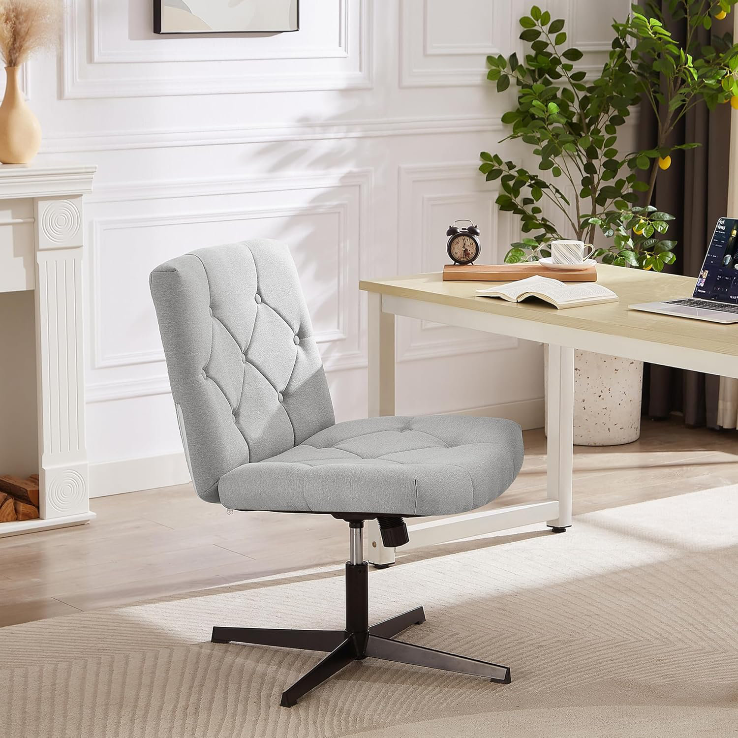 Latitude Run® Beige/Grey Armless Linen Swivel Chair - Height Adjustable ...