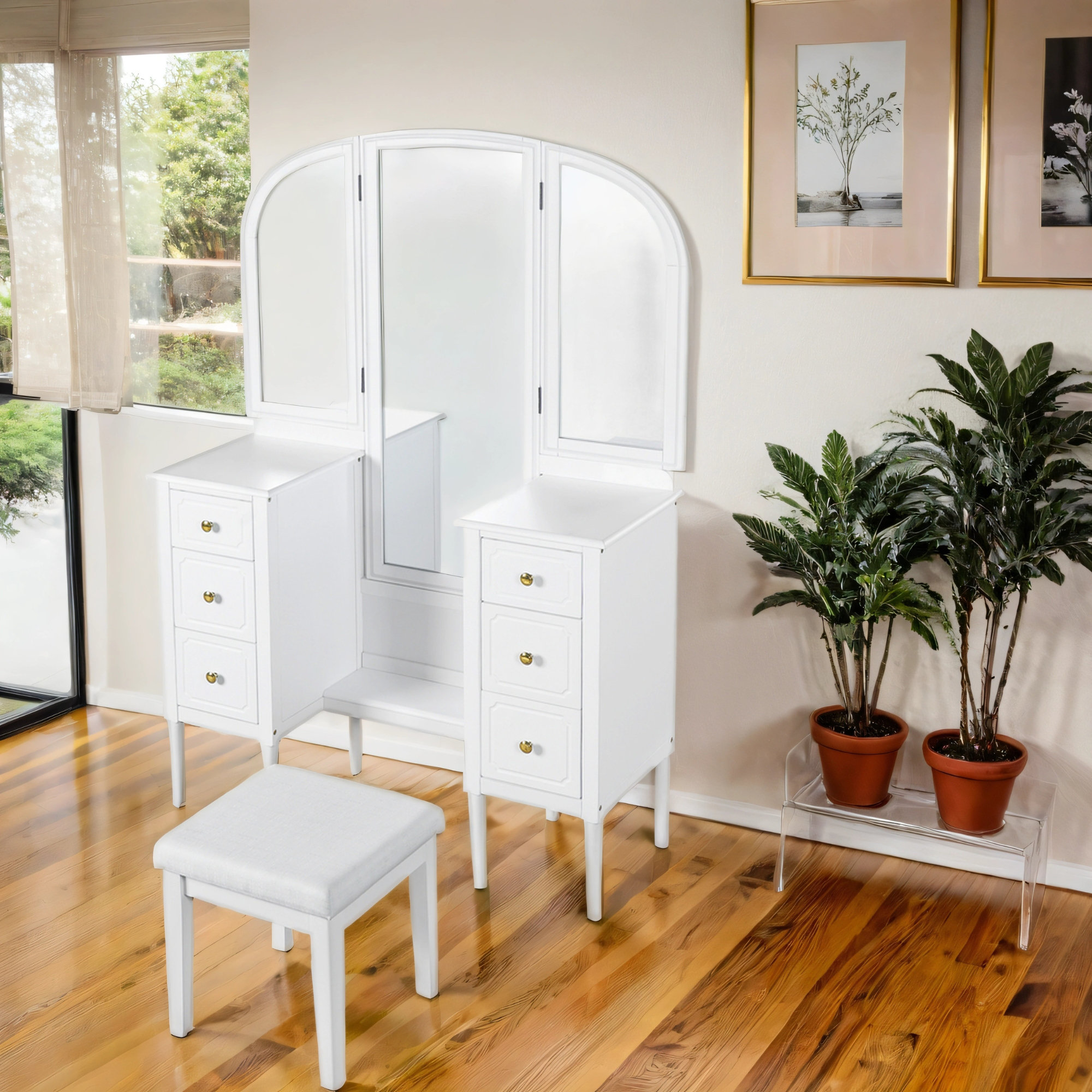 Red Barrel Studio® Antique White Vanity Desk – Triple Mirror, 6 Drawers ...