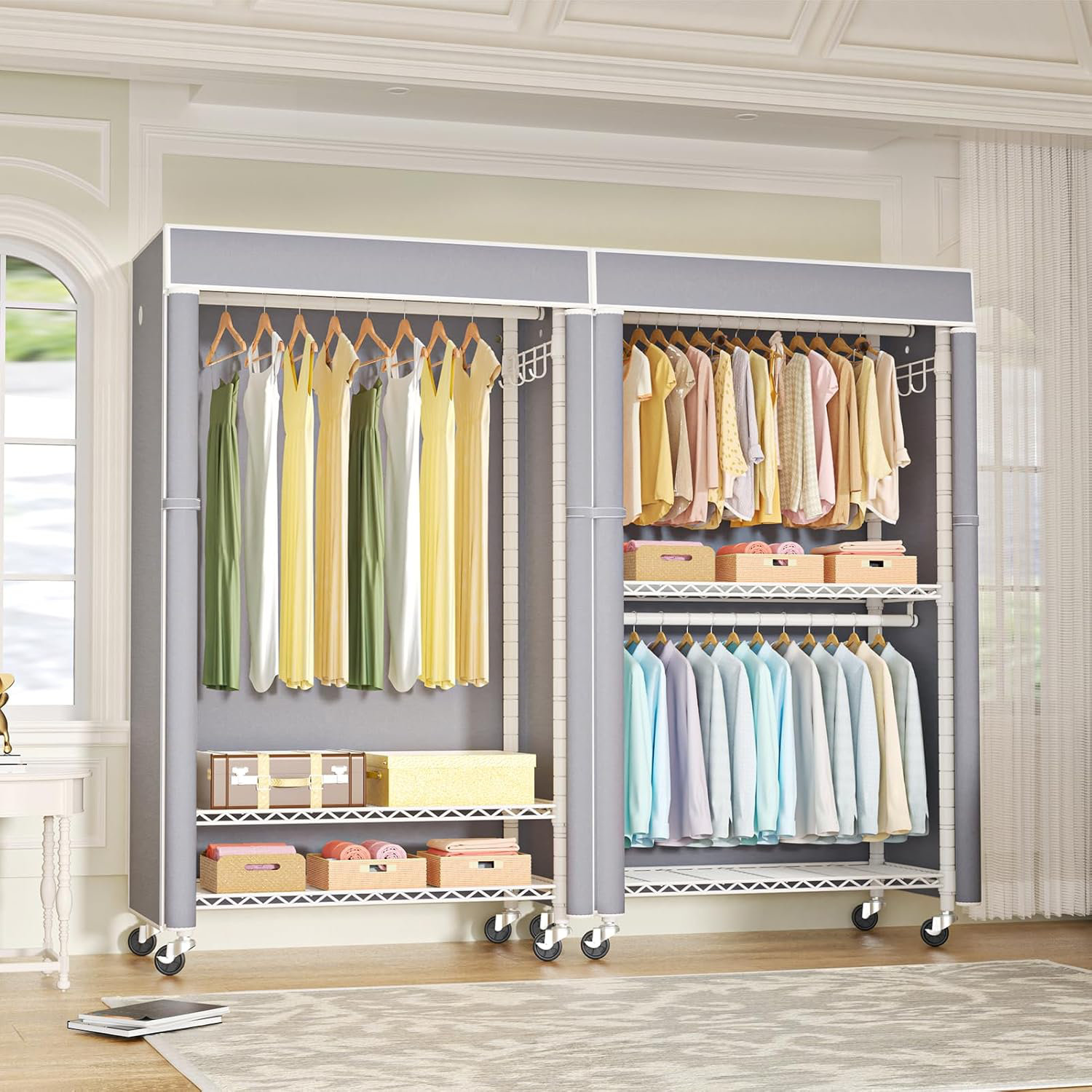 Rebrilliant White Clothing Rack With Cover P1C Rolling Closet Rack With ...