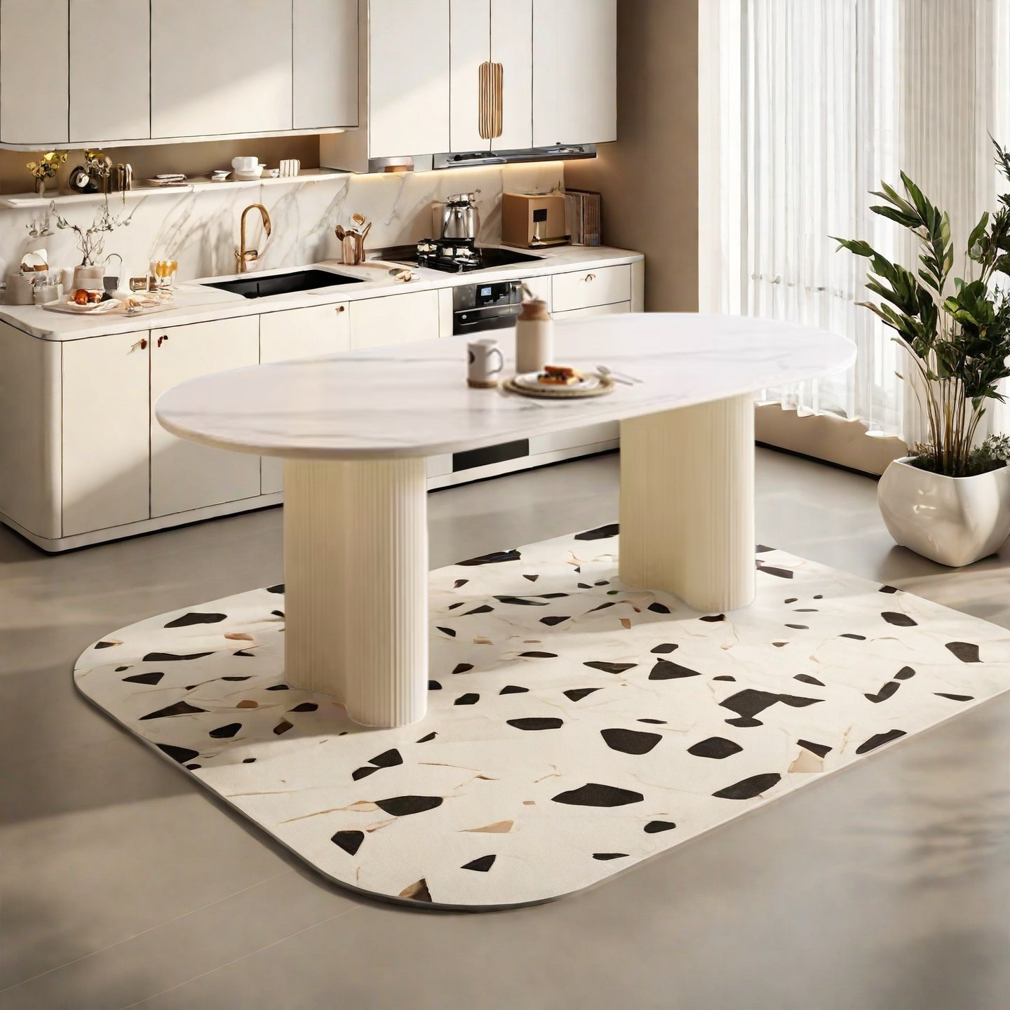 Orren Ellis Thick Sintered Stone Dining Table with Curved Base | Wayfair