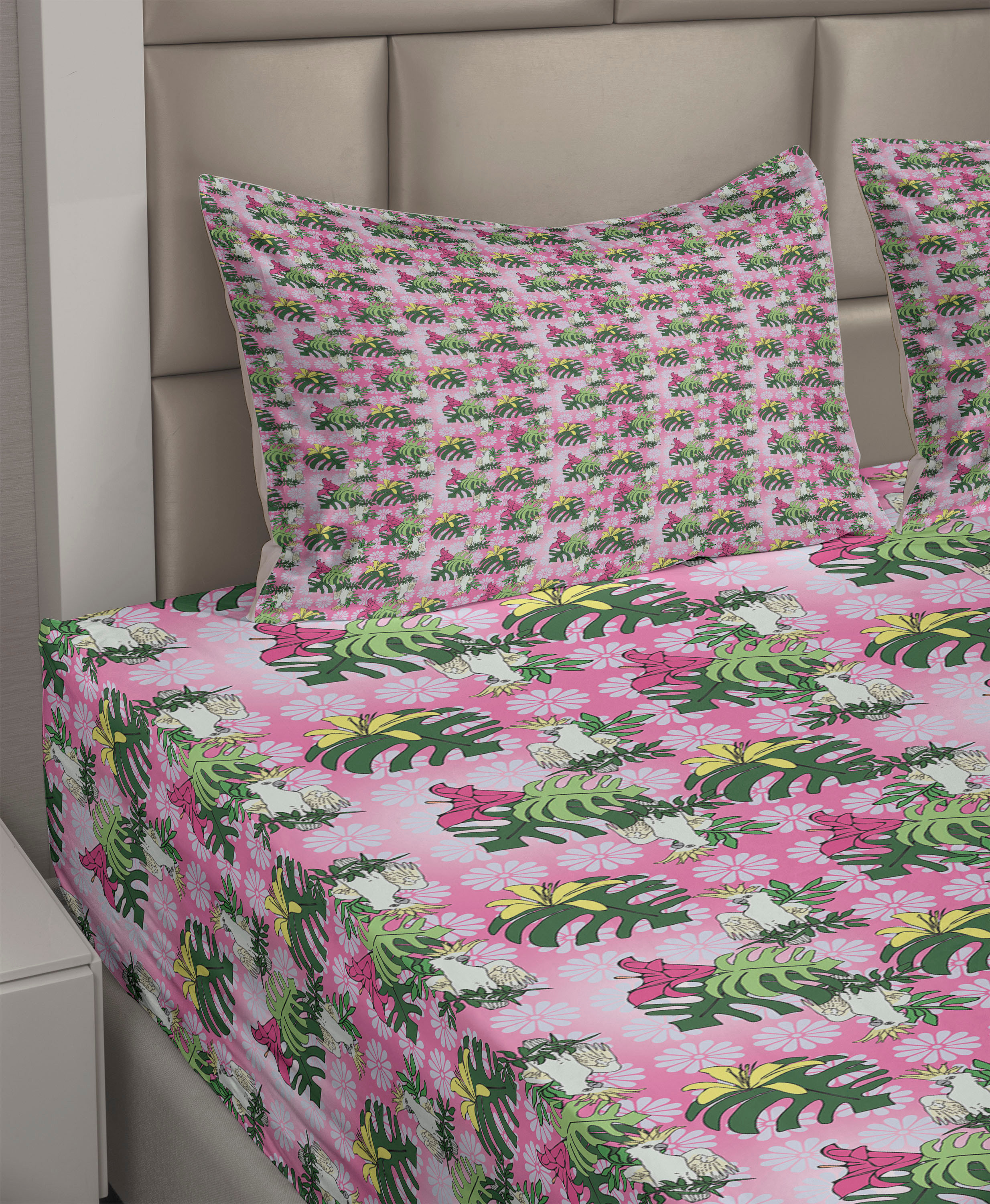 Ambesonne Tropical Sheet Set Parrots Monsteras Hibiscus Pastel Pink and ...