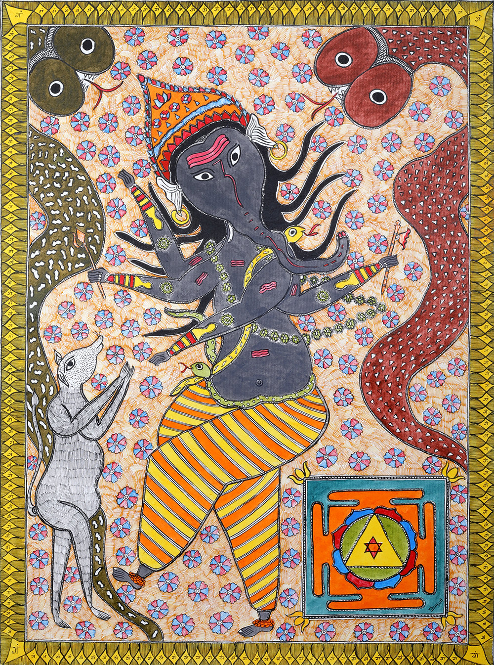 Exotic India Ganesha'S Tandava With Two Serpents And Yantra | Madhubani ...