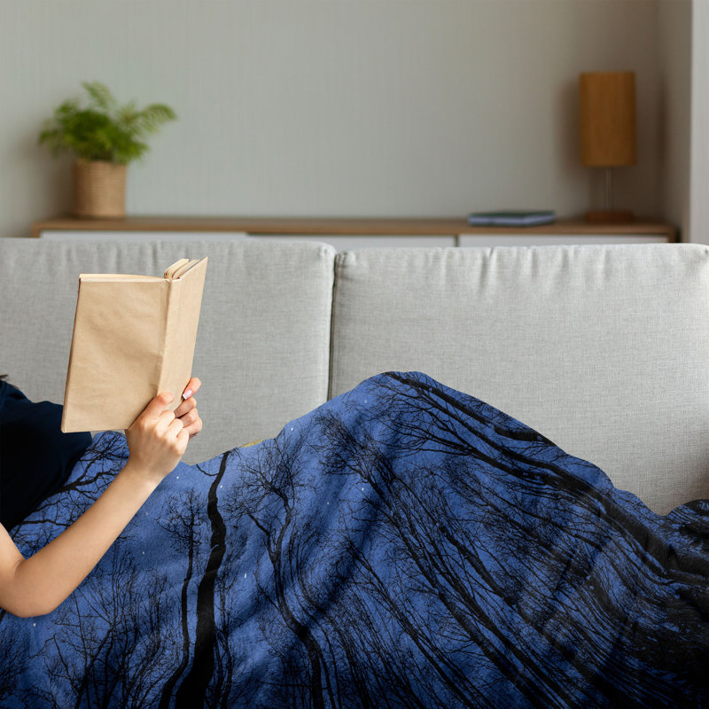 Ambesonne Landscape Fleece Throw Blanket Full Moon in Woods Blue | Wayfair