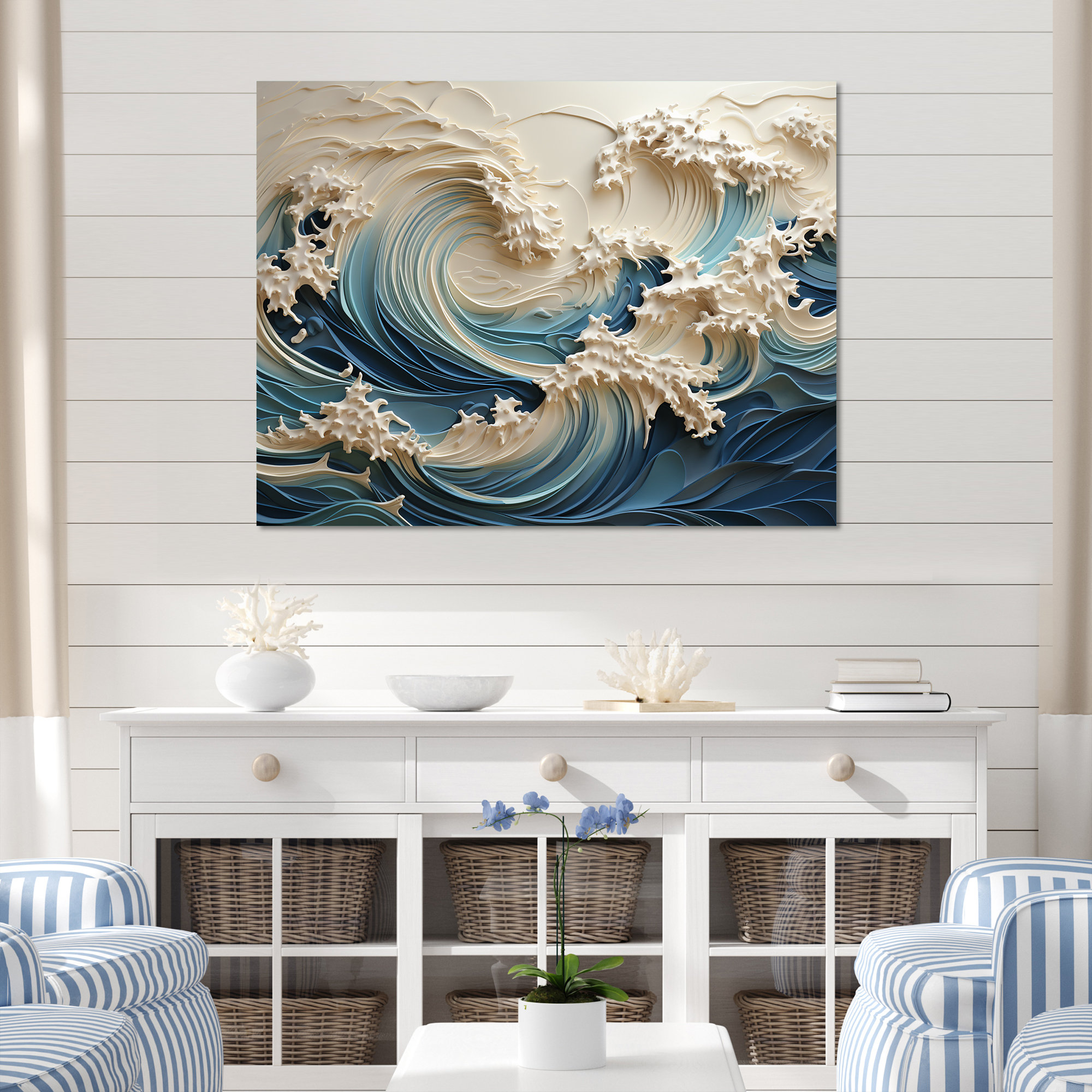 Wrought Studio™ White And Blue Wave Papercut Style III - Coastal Waves ...