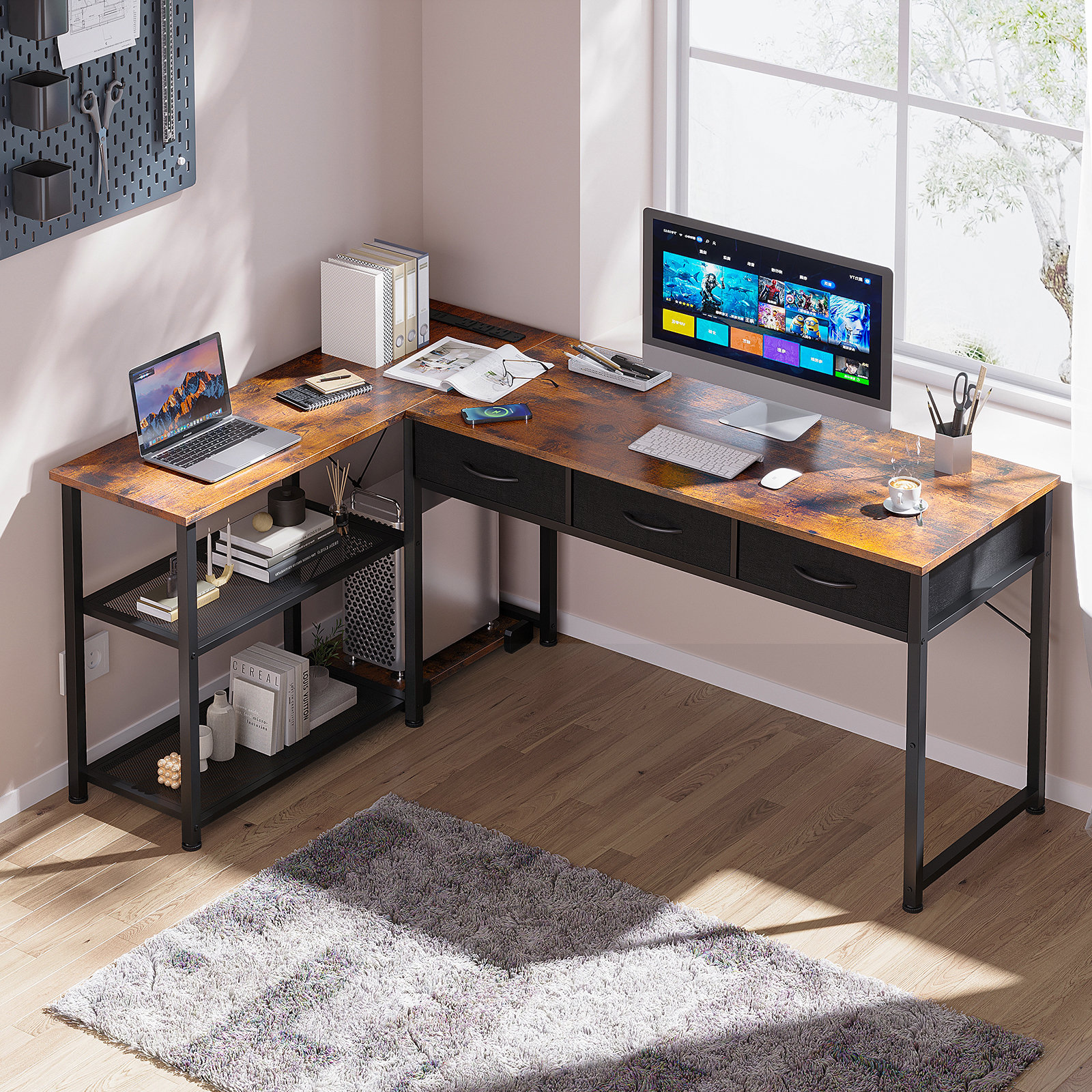 17 Stories Folajimi 53"W Computer L Shaped Desk with Power Outlets ...