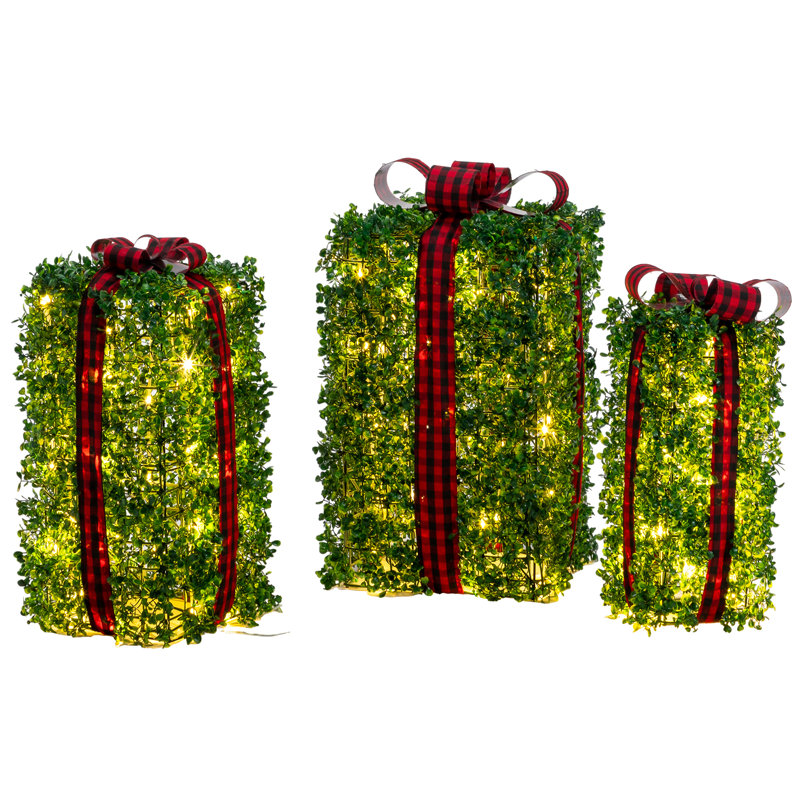 The Holiday Aisle® 3PCS Lighted Artificial Greenery Gift Boxes | Wayfair