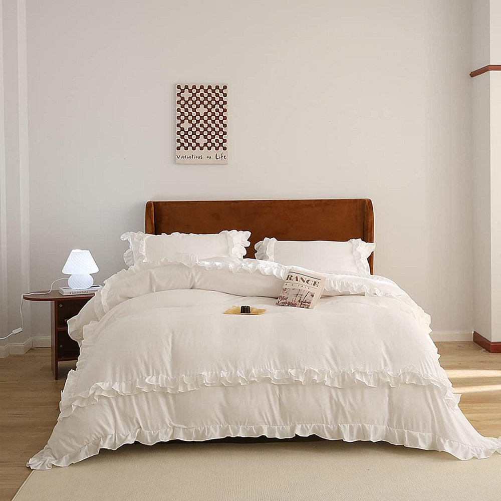 Nayoroom W-XHZK-WH Vintage Ruffled Fringe Duvet Cover Set White Ruffled ...