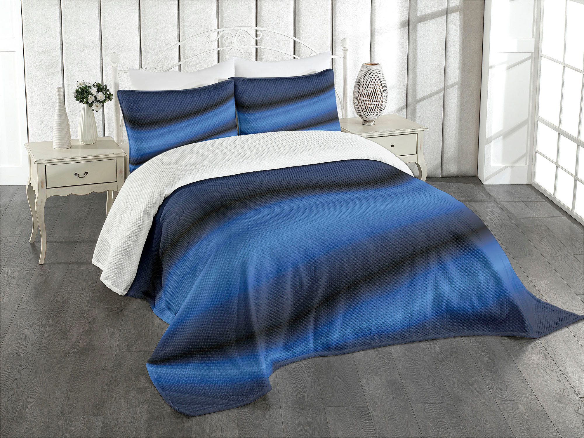 Ambesonne Dark Blue Bedspread Set Abstract Wavy Blurry Pale Blue Dark ...