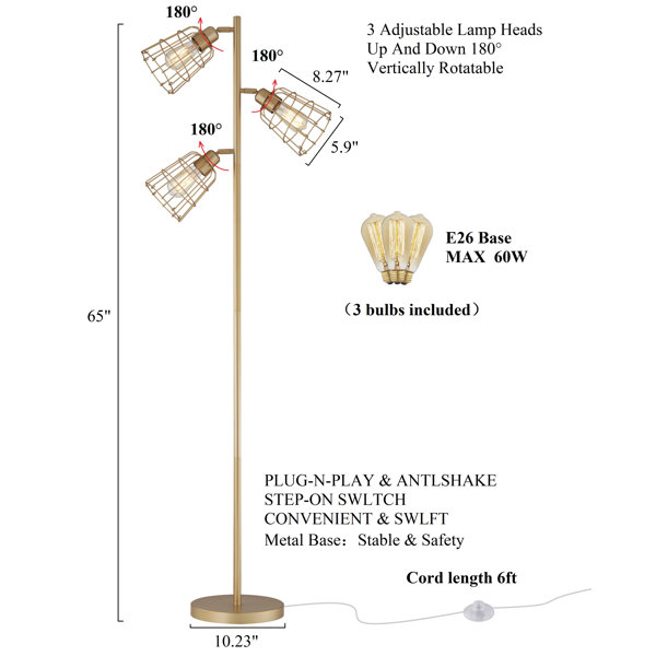 WOXXX 65" Industrial Tree Floor Lamp with 3 Cage Farmhouse Tall ...