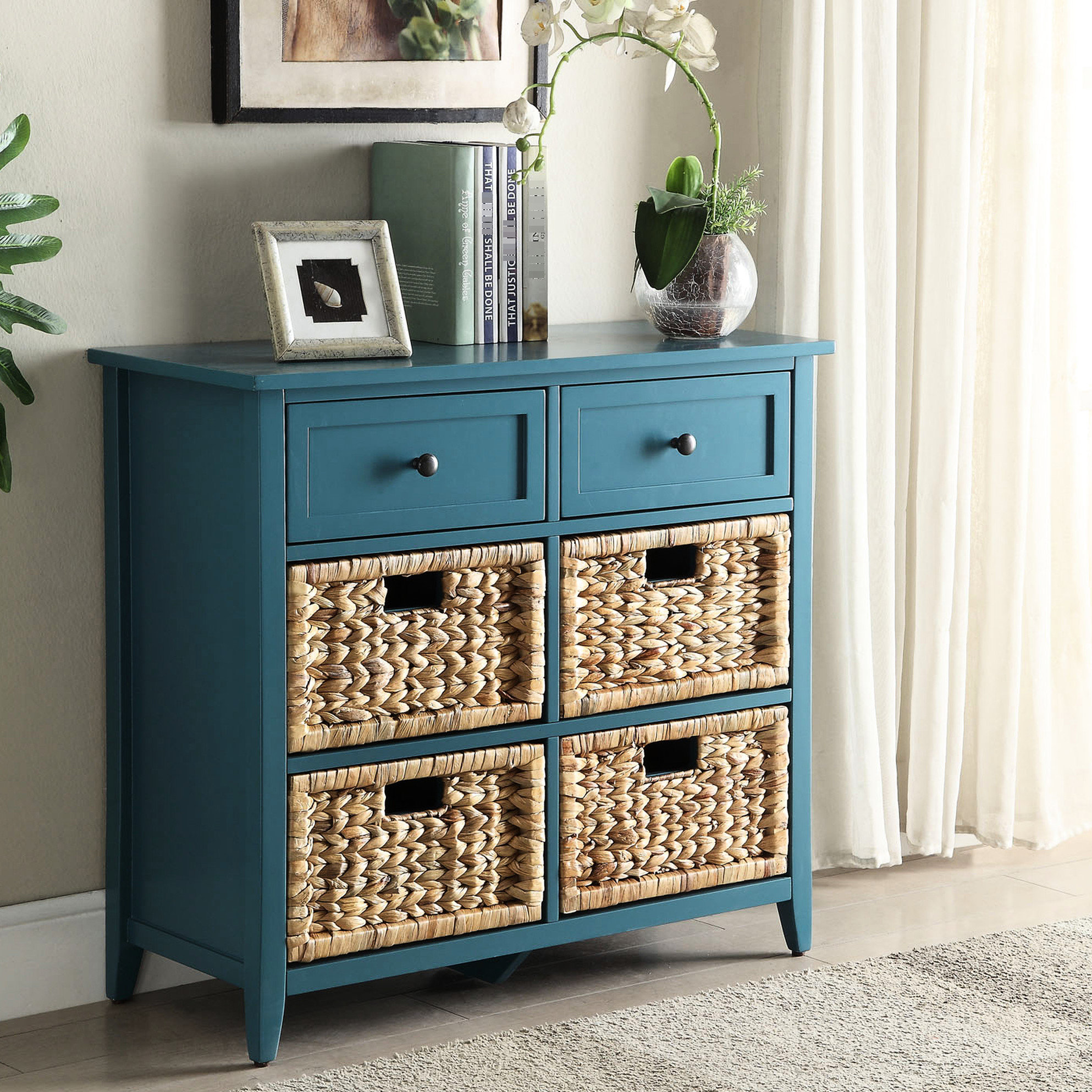 Latitude Run® Teal Storage Console Table: 6 Drawers, Basket Front ...