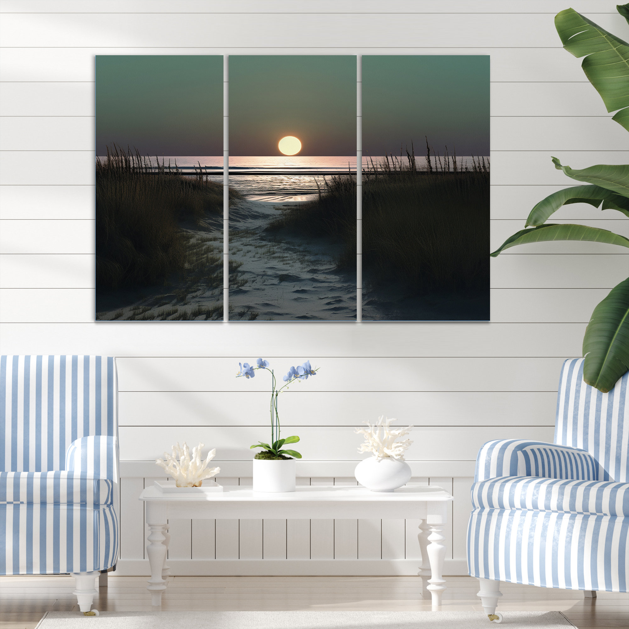 Design Art Full Moon Rising Through Beach Grass I - Beach Canvas Print ...