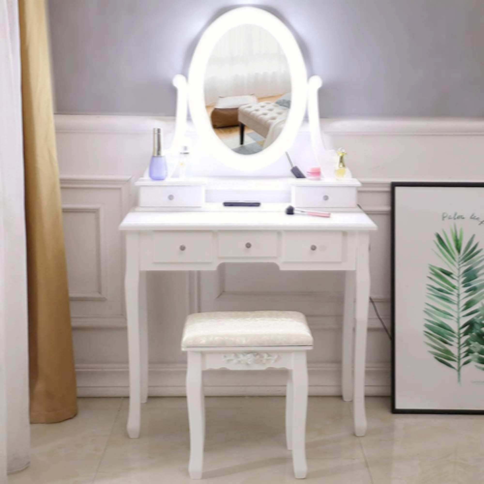 Latitude Run® Makeup Vanity Desk And Stool Set, Vanity Mirror With Lights And Table Set, Small ...