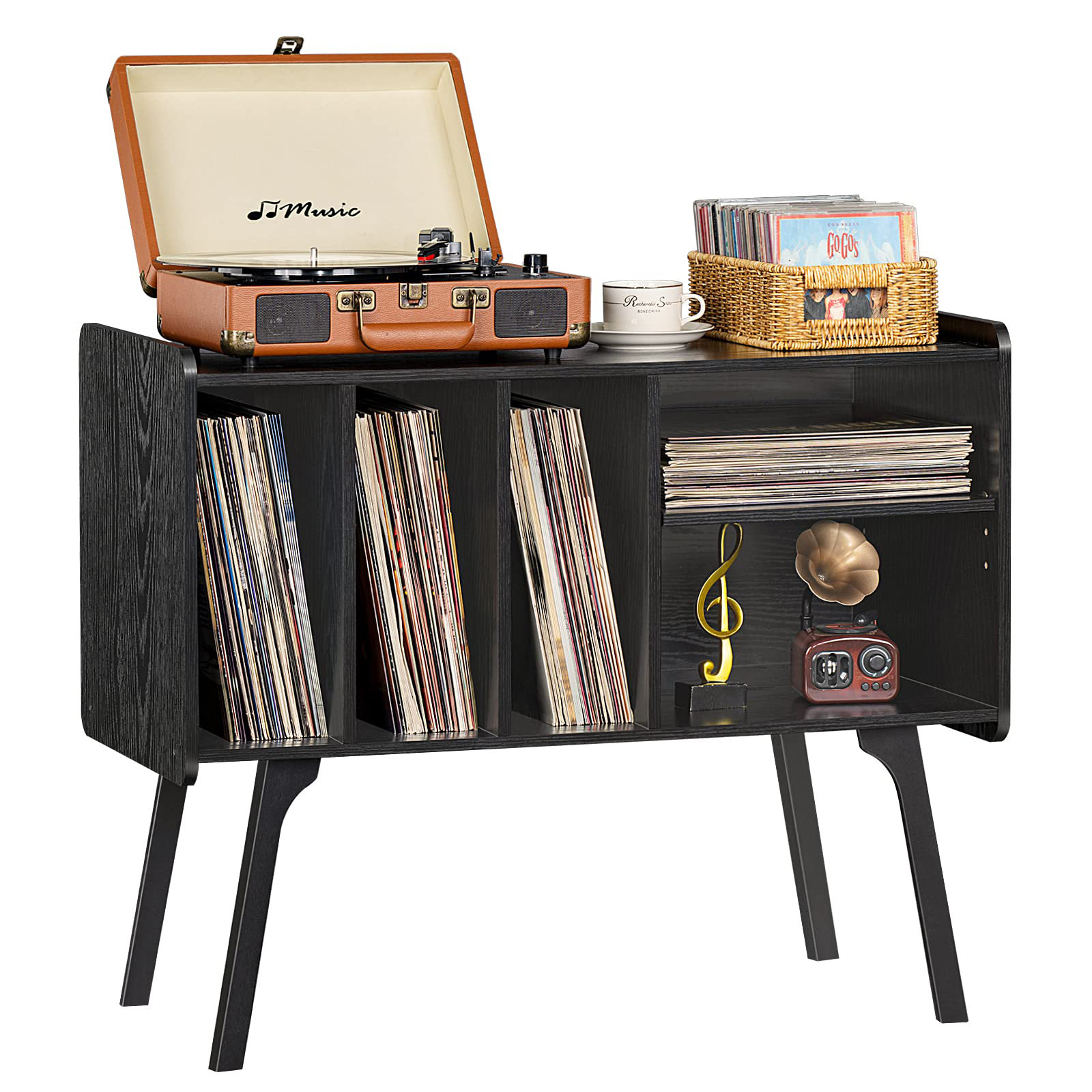 George Oliver Record Player Stand With 4 Cabinet, Black | Wayfair