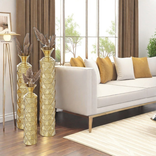 Everly Quinn 3-Piece Gold Floor Vase Set With Triangular Relief Design ...