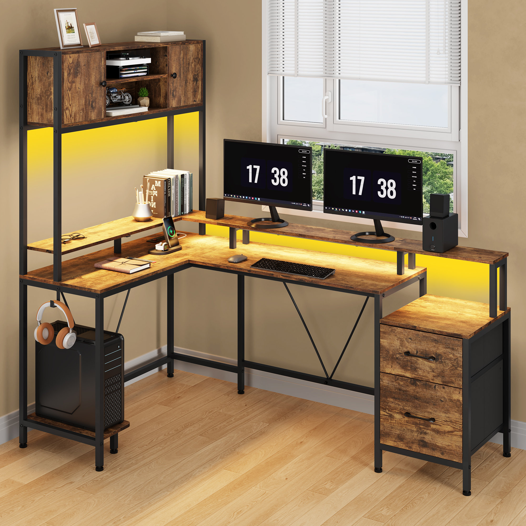 17 Stories L-Shaped Computer Desk With Shelf & 2 Drawers Led Light ...