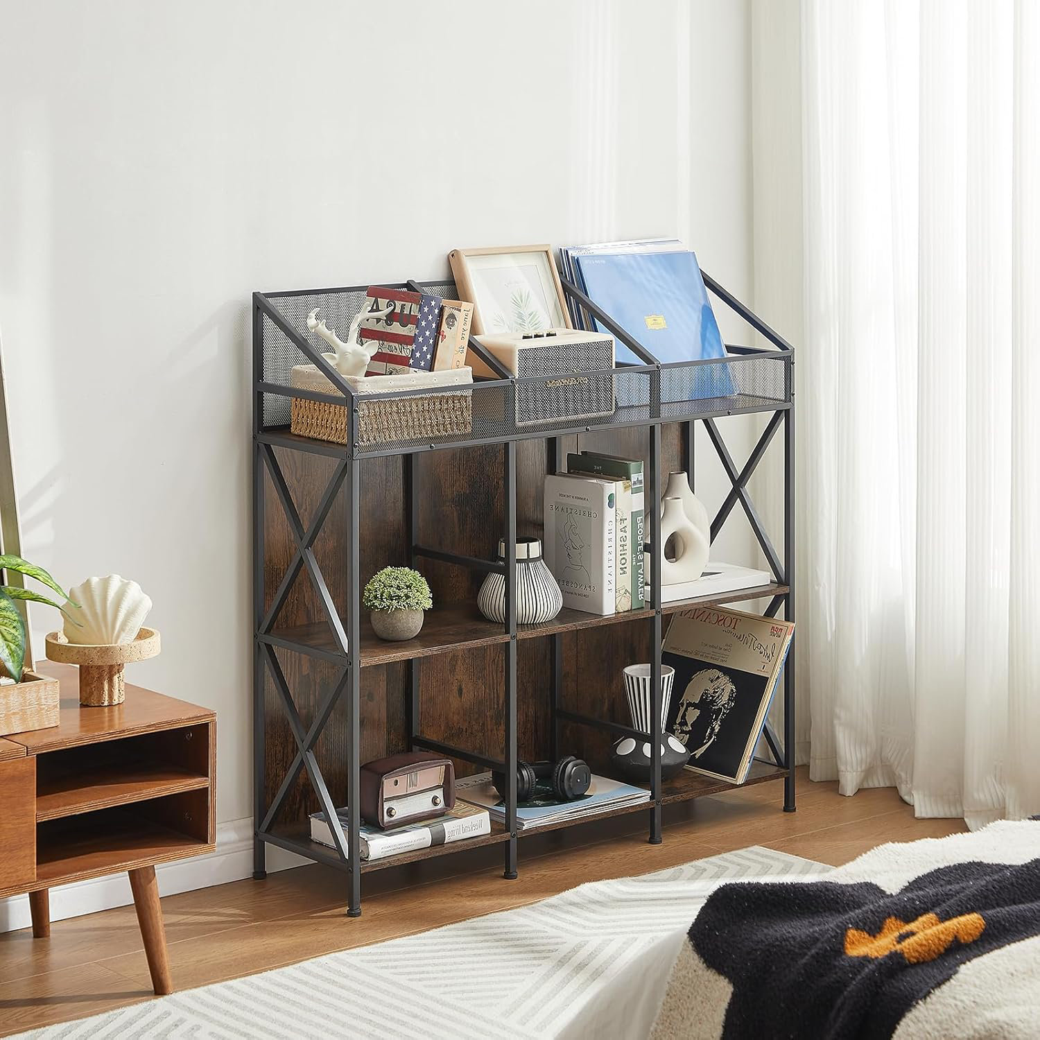 17 Stories 9 Grids Vinyl Record Storage Holder Rack, Wooden Record ...