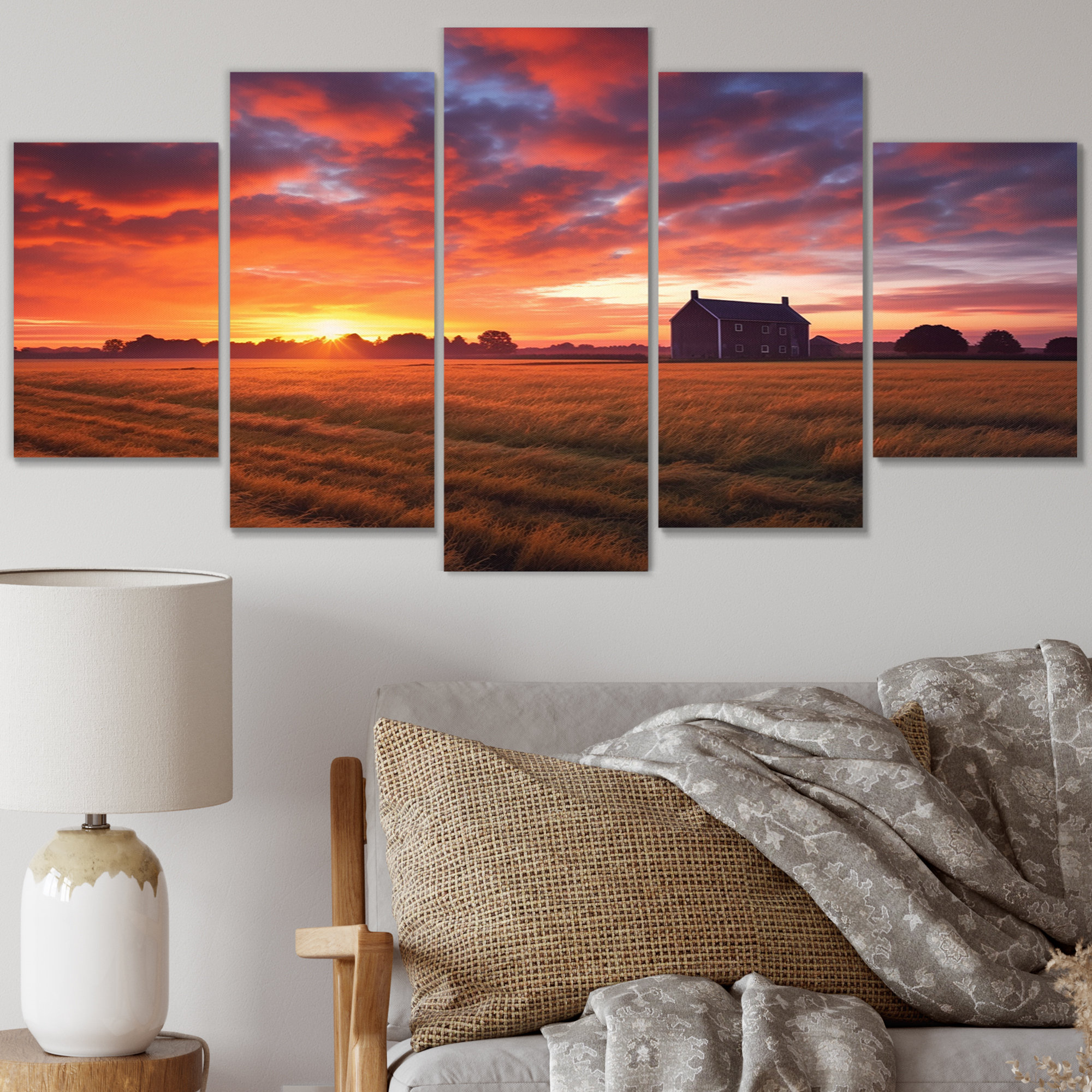 Design Art Glorious Sunset Over Flanders Wheat Fields - Meadow Wall Art ...