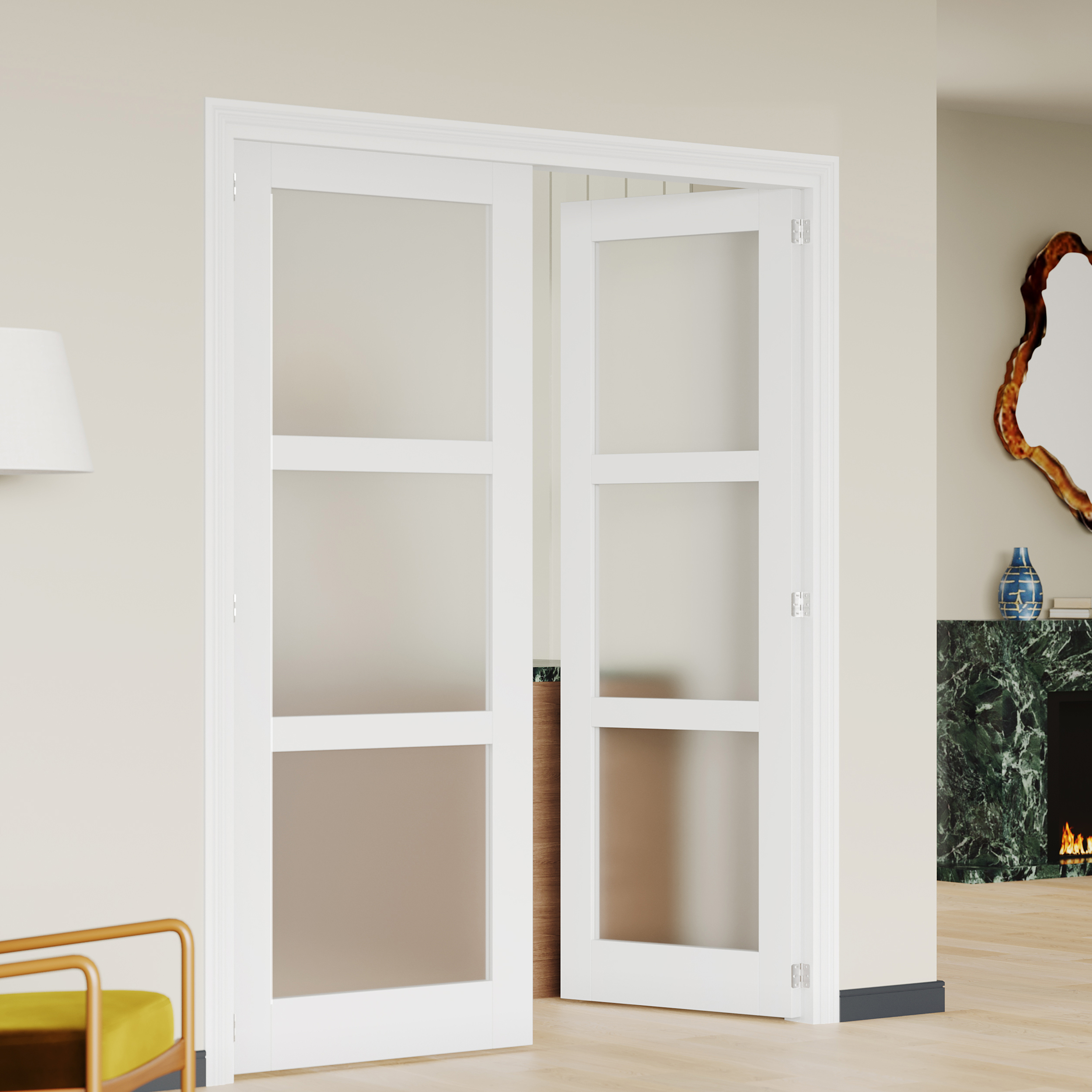 CHIC MODE Interior Double Door Slabs with Matching Frame - 3-Panel ...