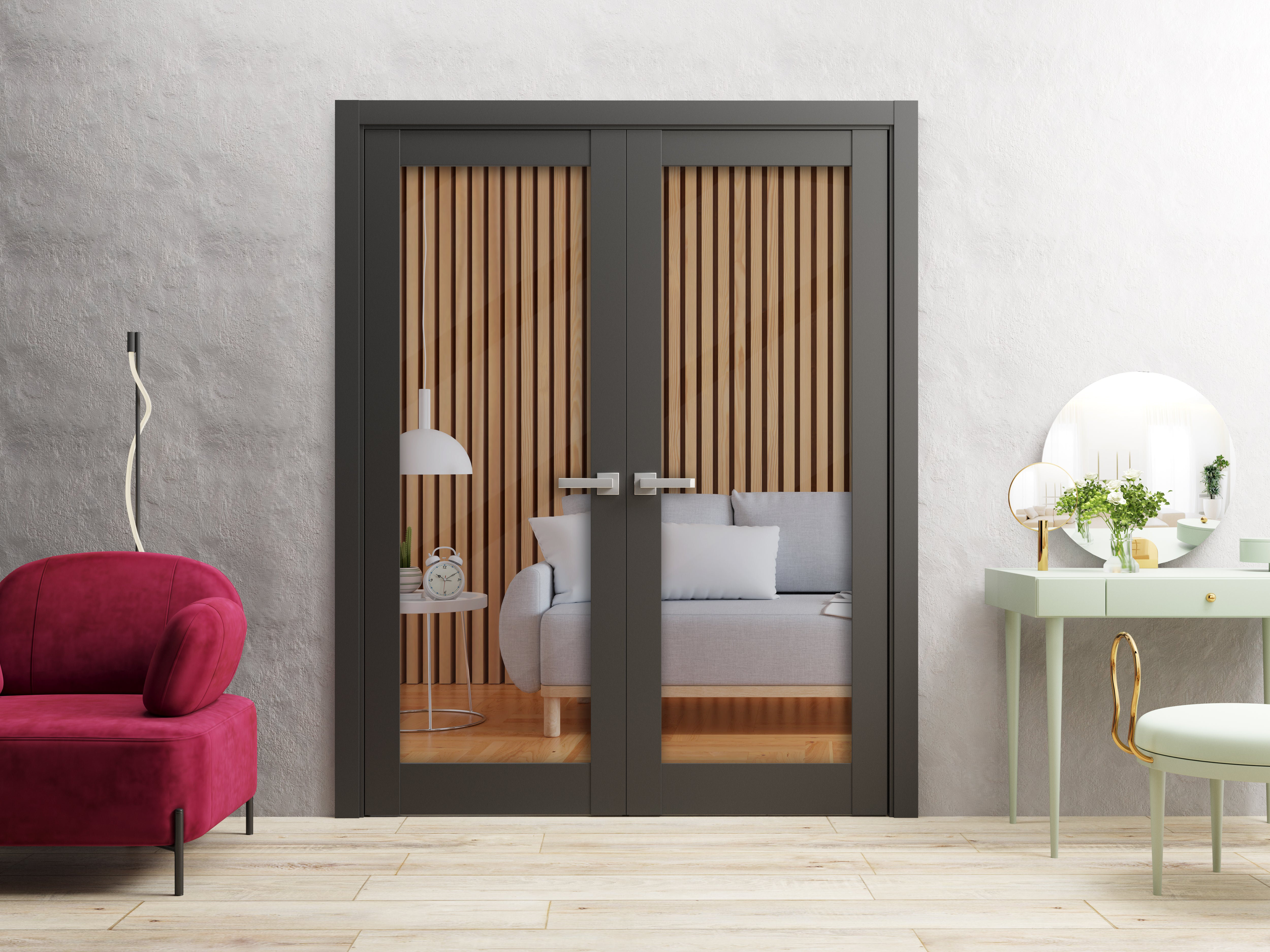 SARTODOORS Solid French Double Doors | Lucia 2166 Matte Black Clear ...