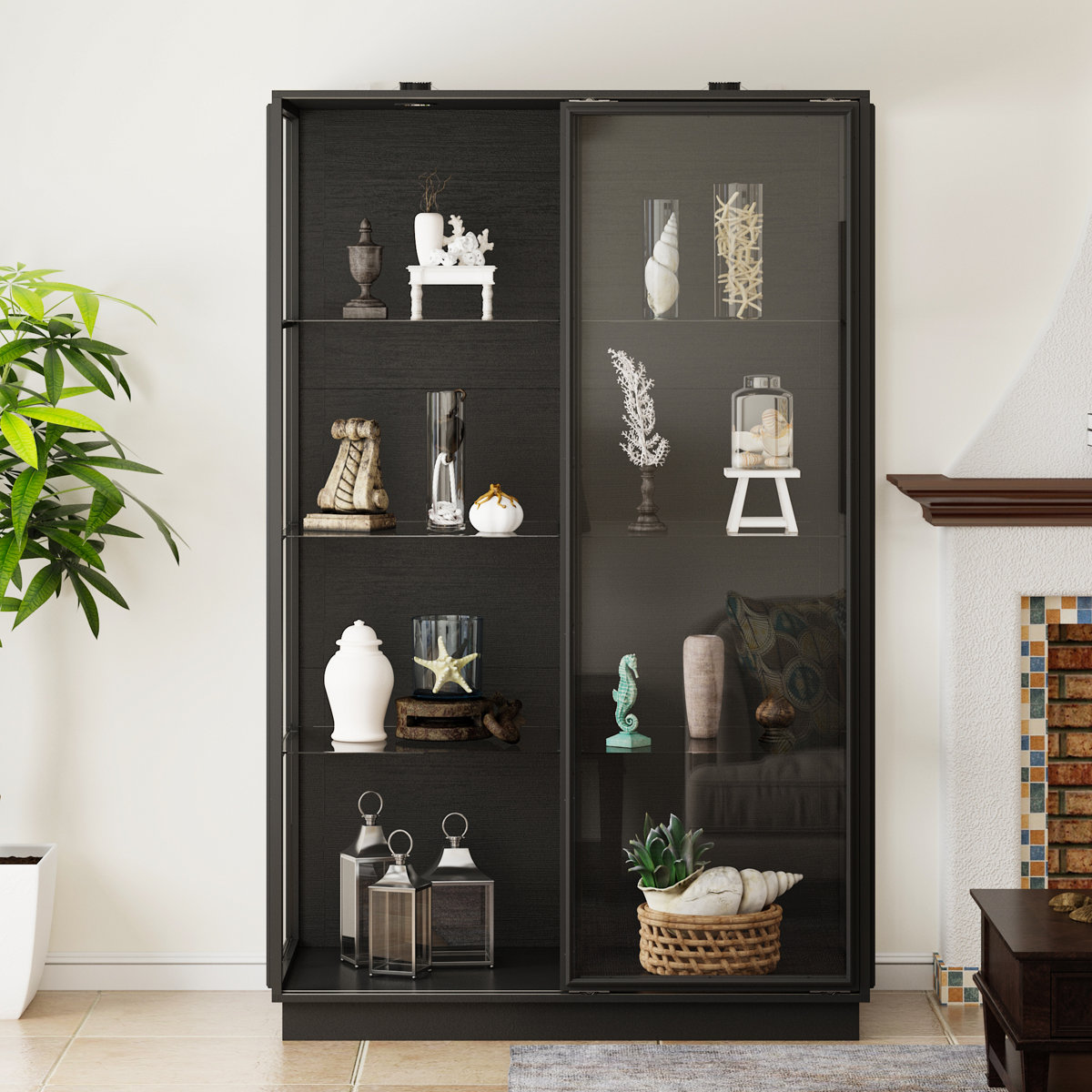 Latitude Run® 74.8" H Black Glass Sliding Door Display Cabinet With Two ...