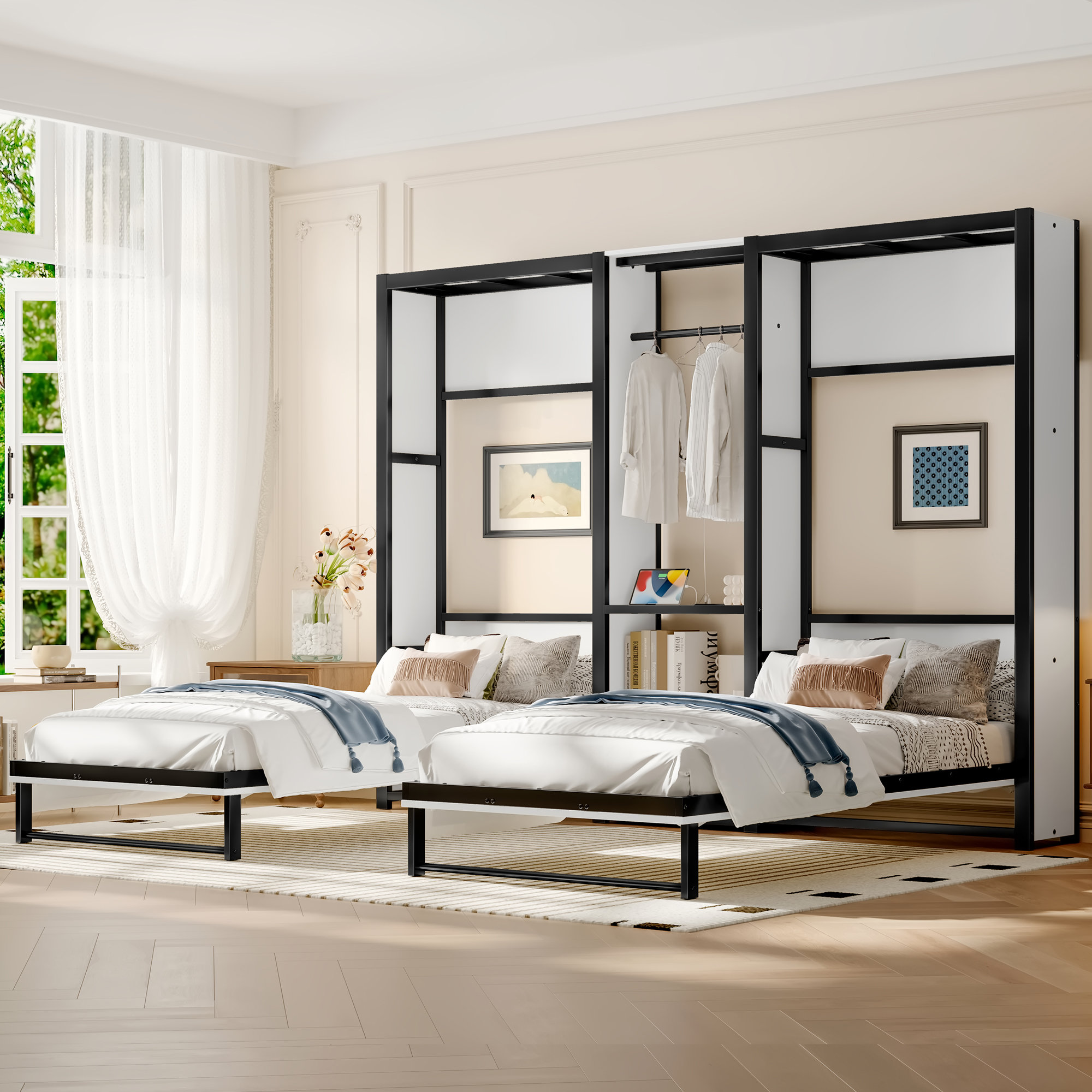 Hokku Designs 2-in-1 Twin Murphy Bed with Wardrobe, Shelves & Power ...