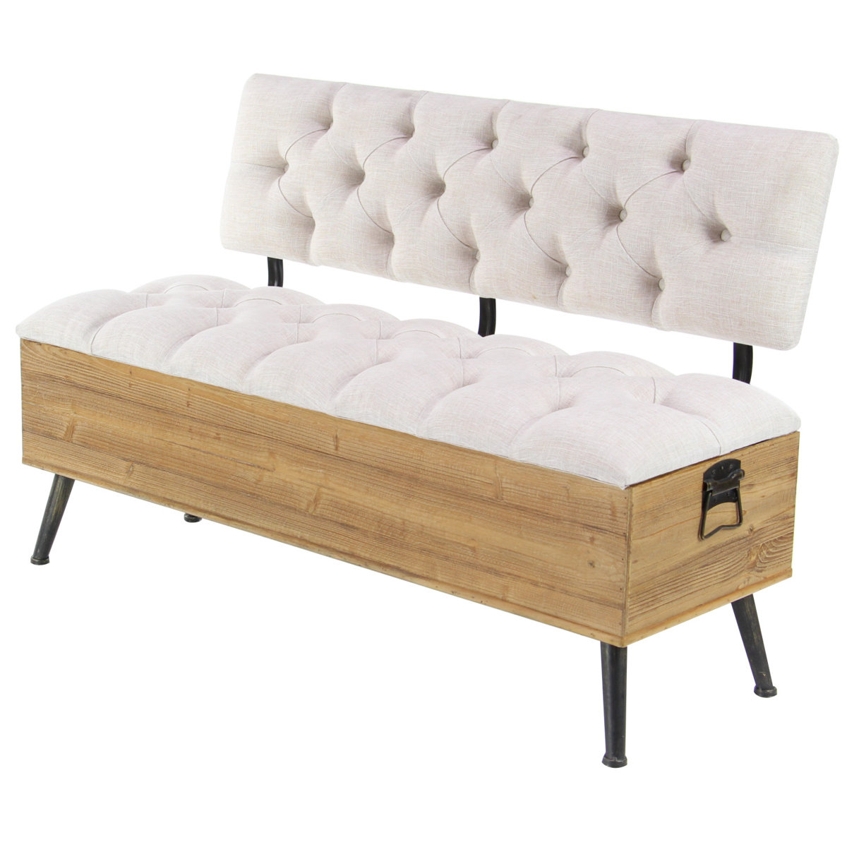 17 Stories Sibo White Wood Storage Bench with Cream Tufted Seat and ...