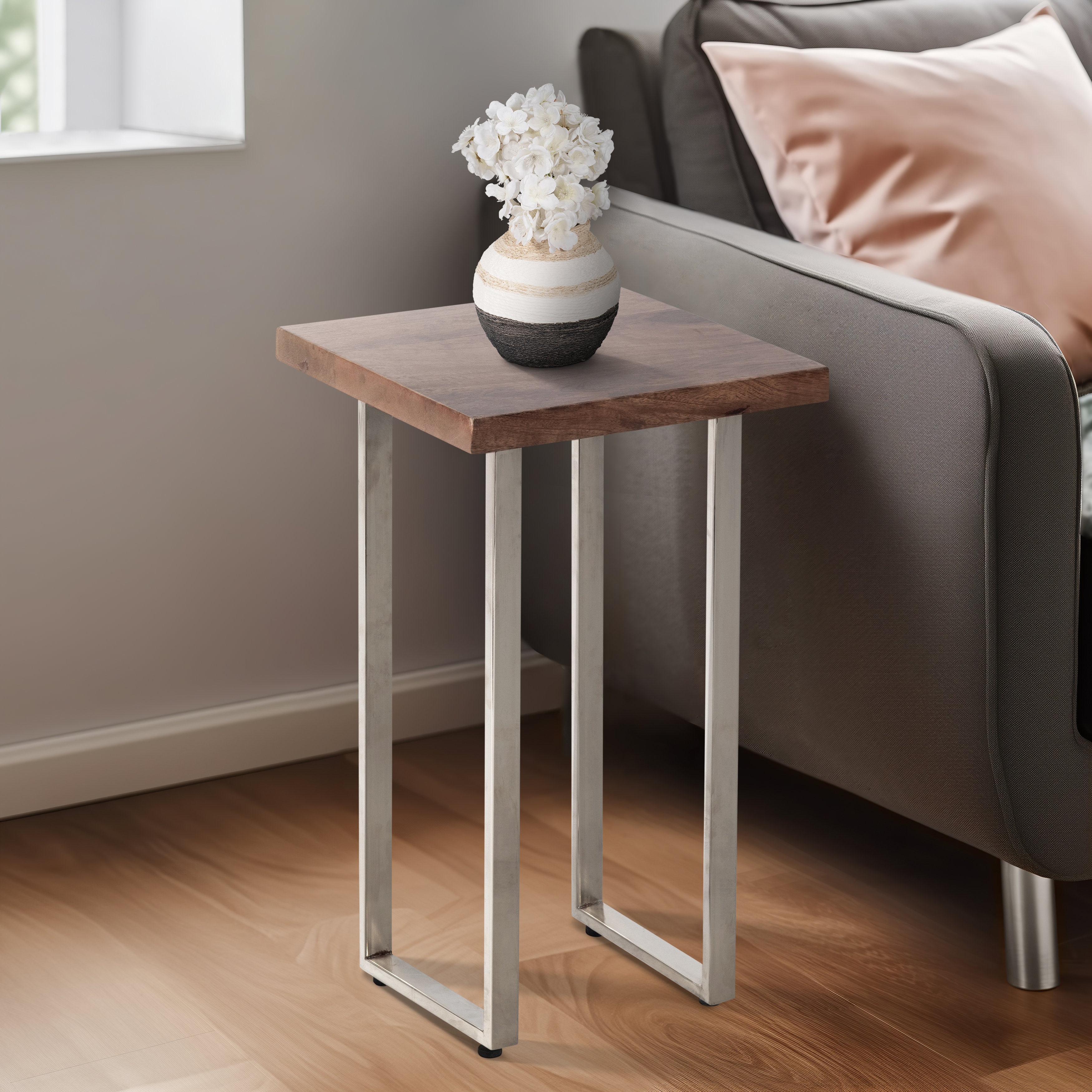 Latitude Run® Metal, 20" Square Wood Top Accent Table, Silver for ...