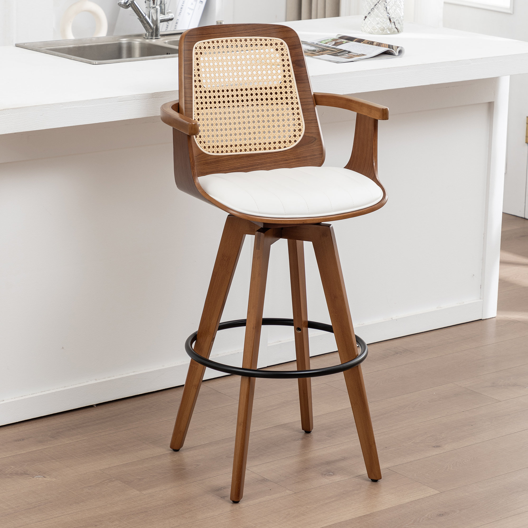 Bay Isle Home™ Clero Swivel Faux Leather Counter Stools With Rattan ...