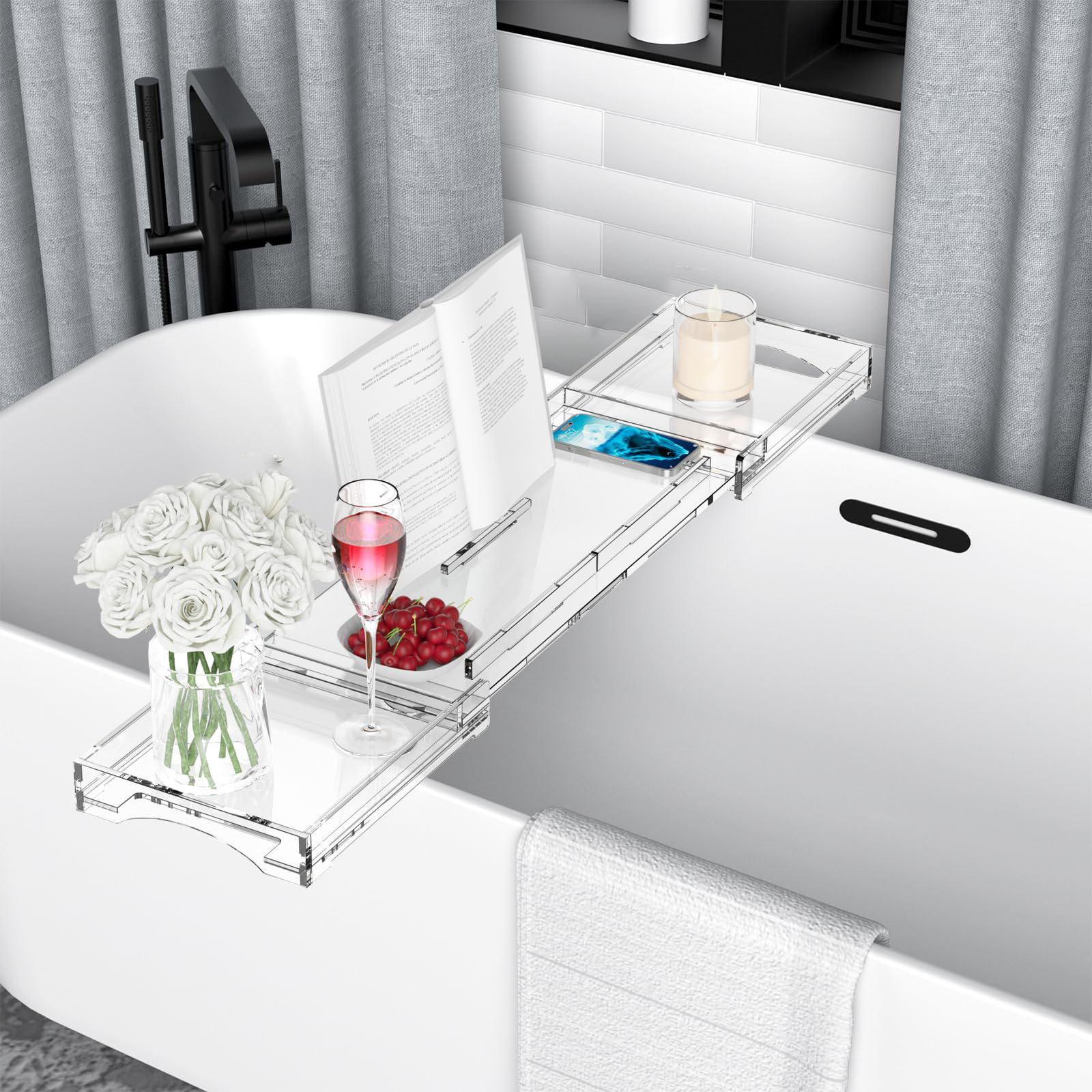 The Twillery Co. Acrylic Bathtub Tray, Expandable Bathtub Caddy ...