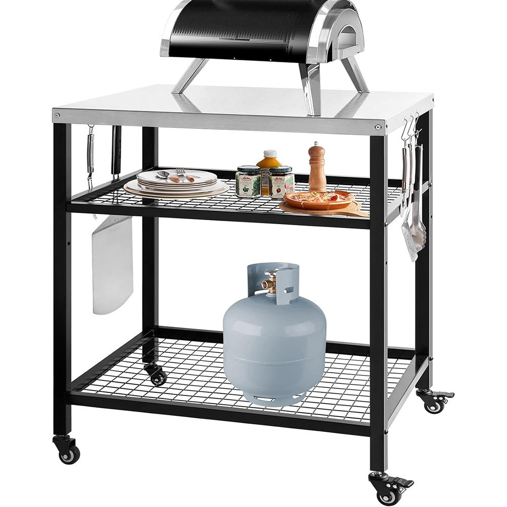 MAXAYA Stainless Steel Grill Cart Pizza Oven Stand Trolley Table With W ...