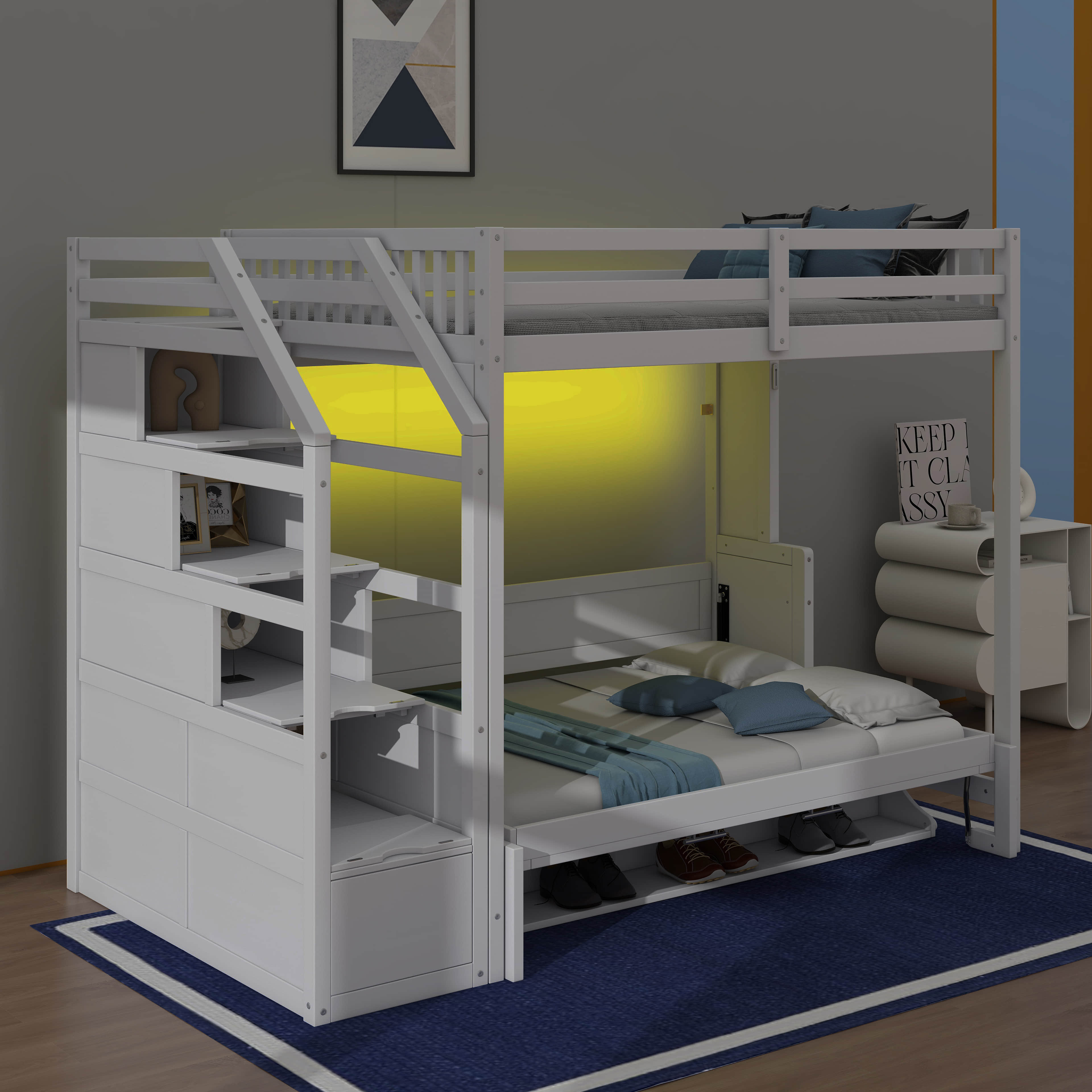 Harriet Bee Full XL Raised Loft Bed Featuring Storage Stairs & Standard ...