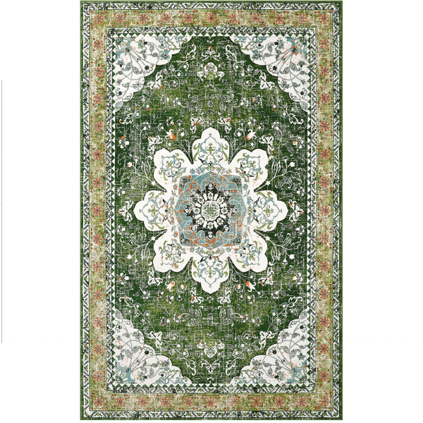 Charlton Home® Machine Washable Non-Slip Green Oriental Area Rug ...