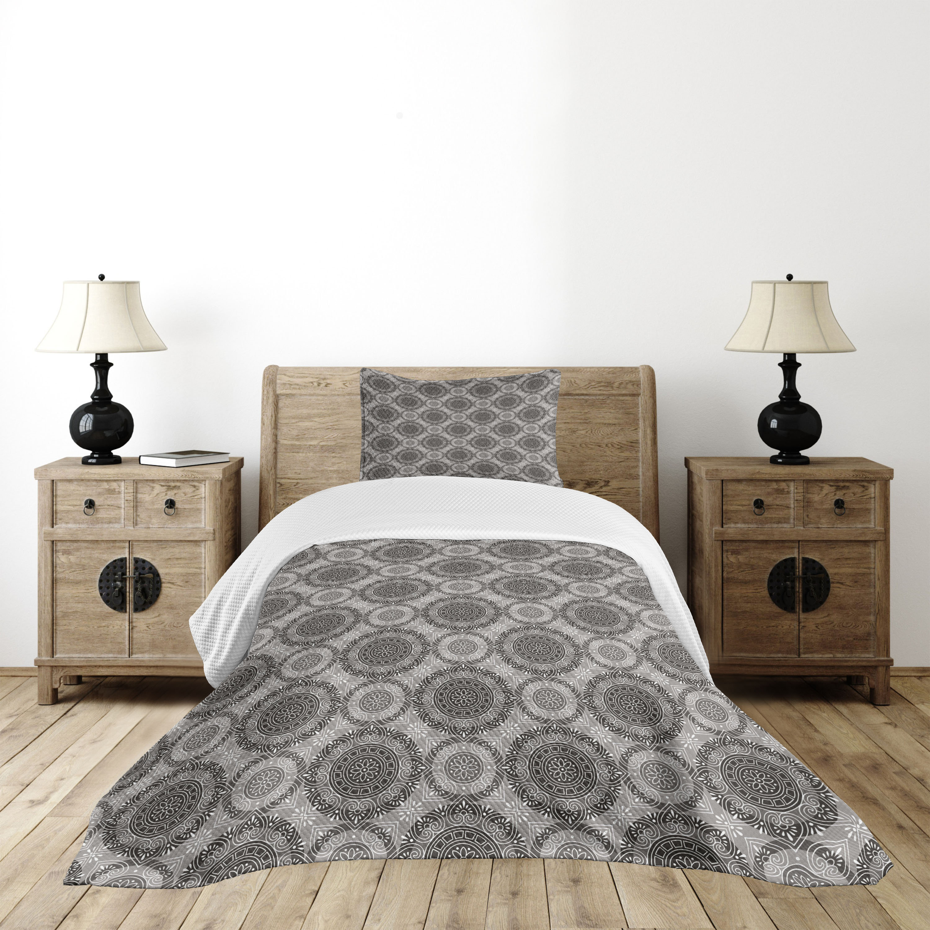 Ambesonne Grey Bedspread Set Abstract Damask Flowers Grey Black White ...