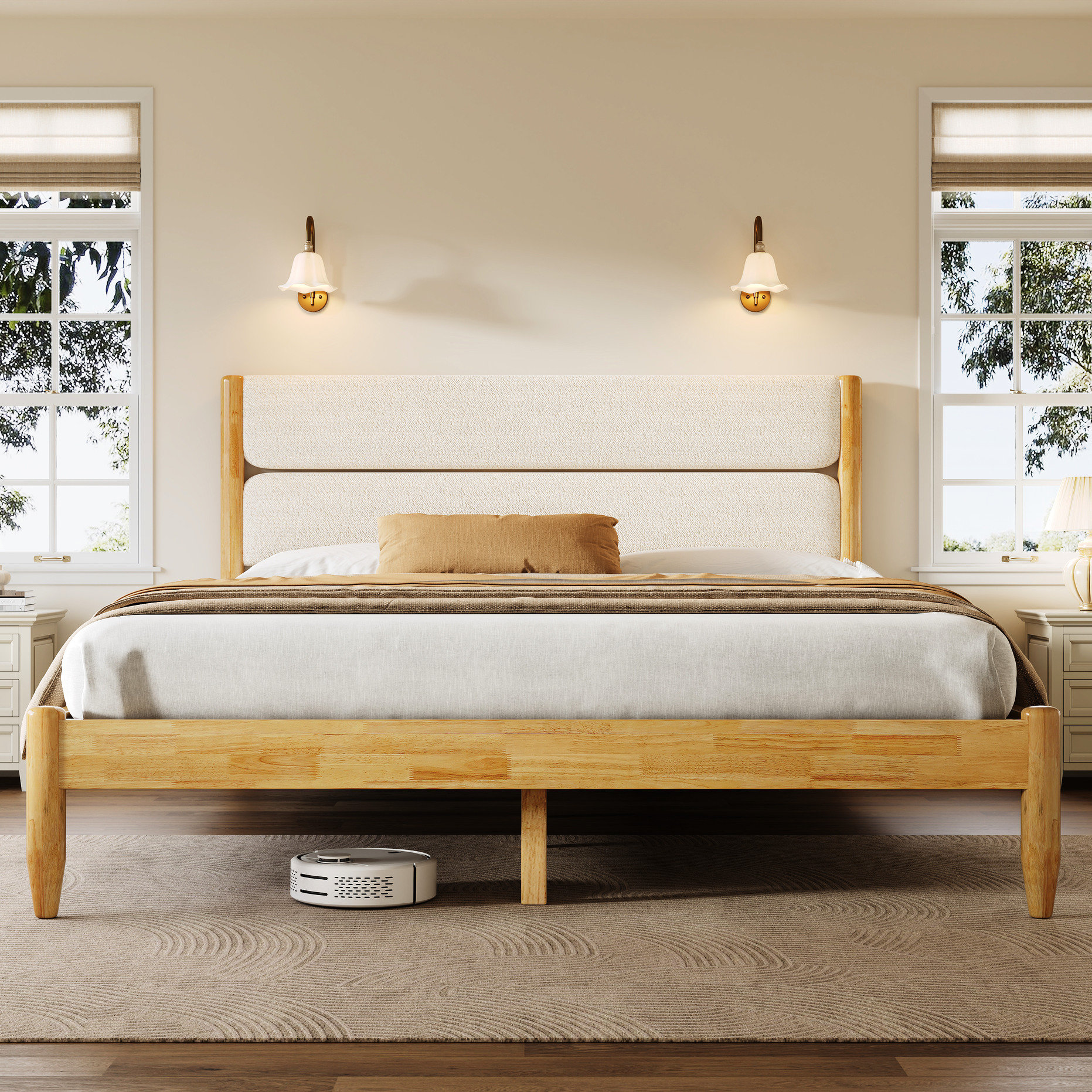George Oliver Wood Bed With Fleece Upholstered Headboard, Structural ...