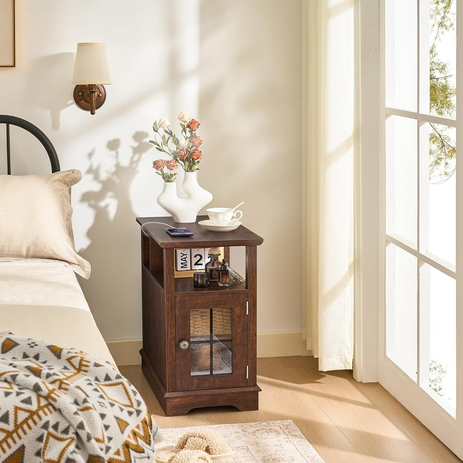 Lark Manor Wooden Cherry End Table With Built-In Charging Station & Storage Cabinet - Wayfair Canada