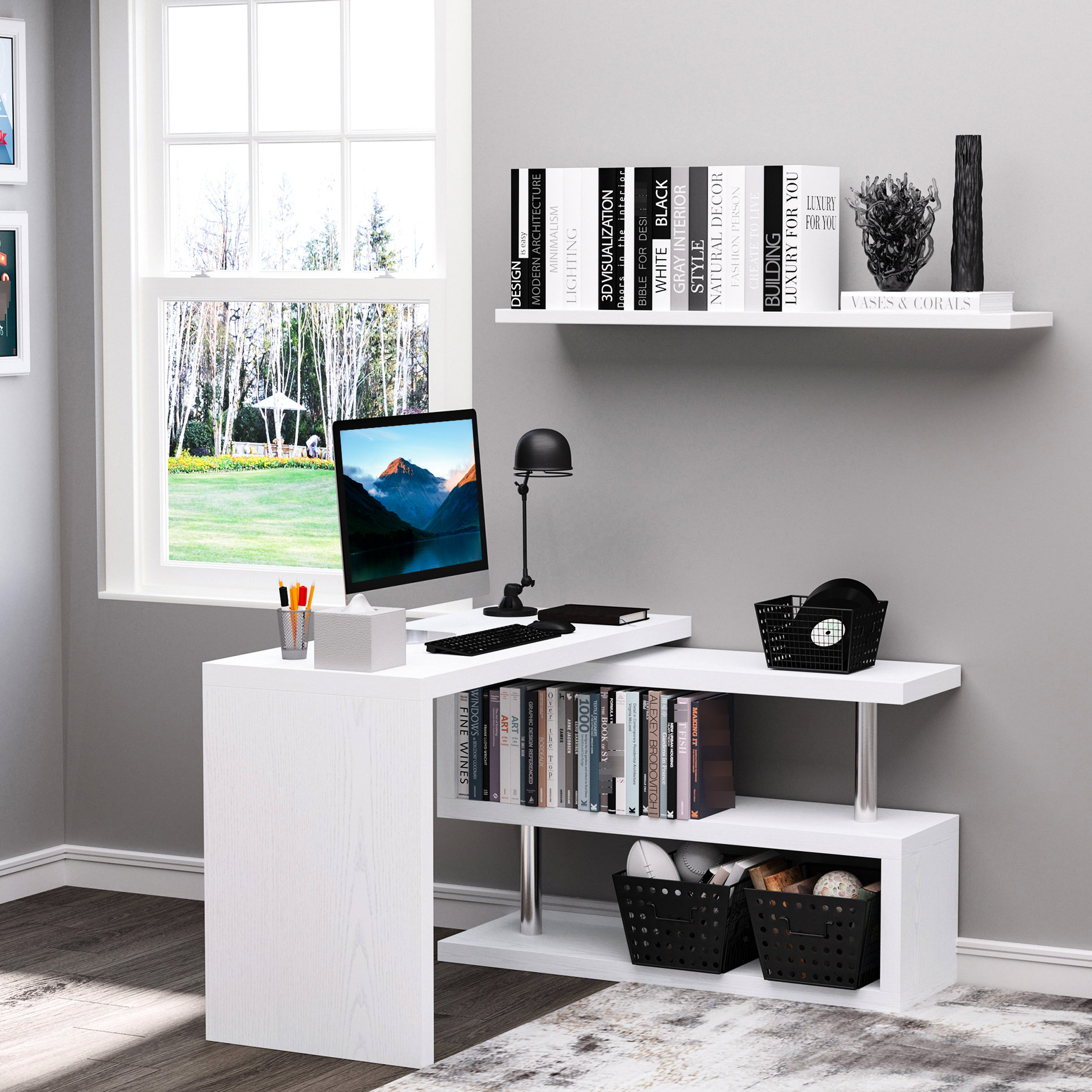 Ivy Bronx White 360 Degree Rotating L Shaped Office Desk, 3 Storage ...