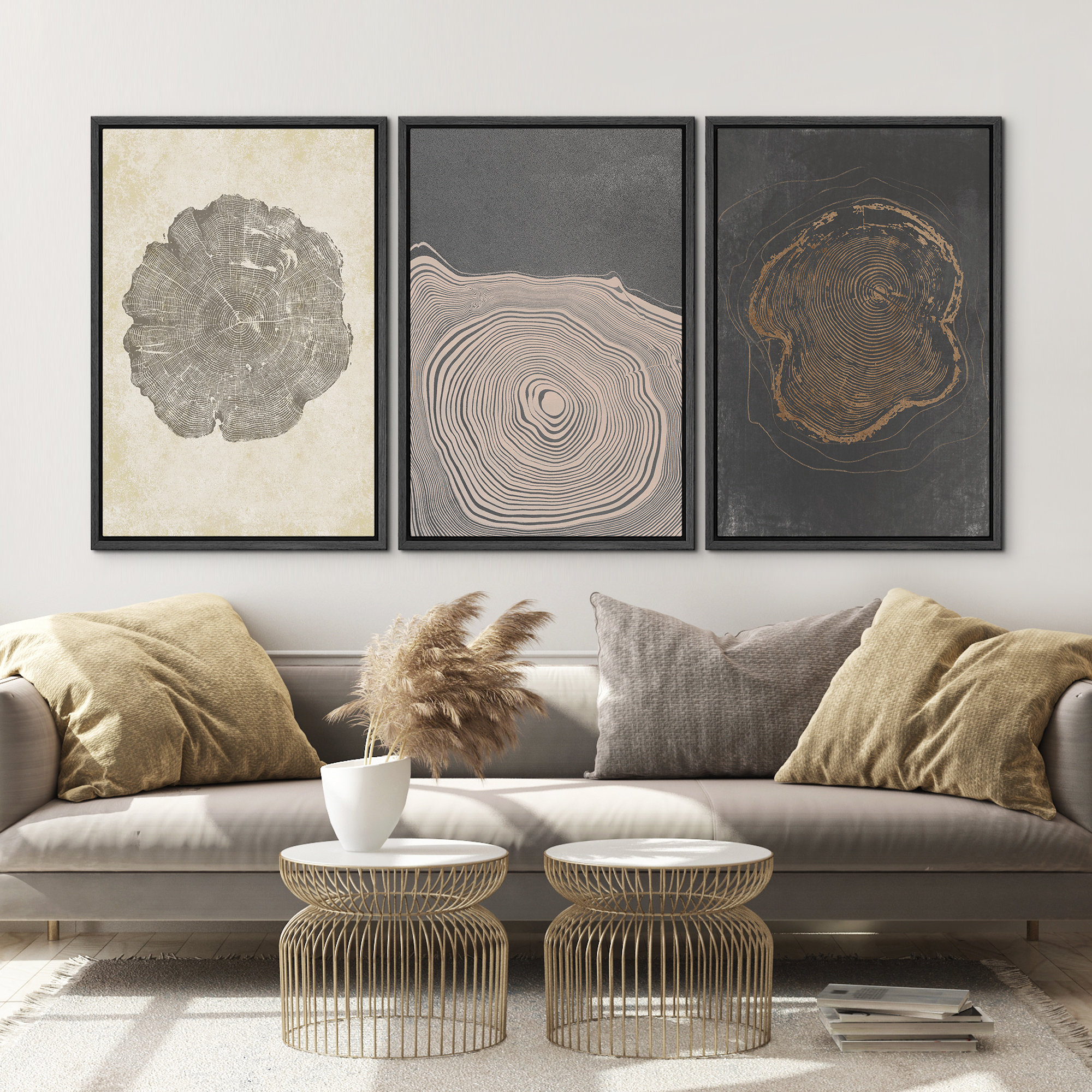 IDEA4WALL Pastel Gray Wood Tree Ring Neutral Minimalist Pictures Framed ...