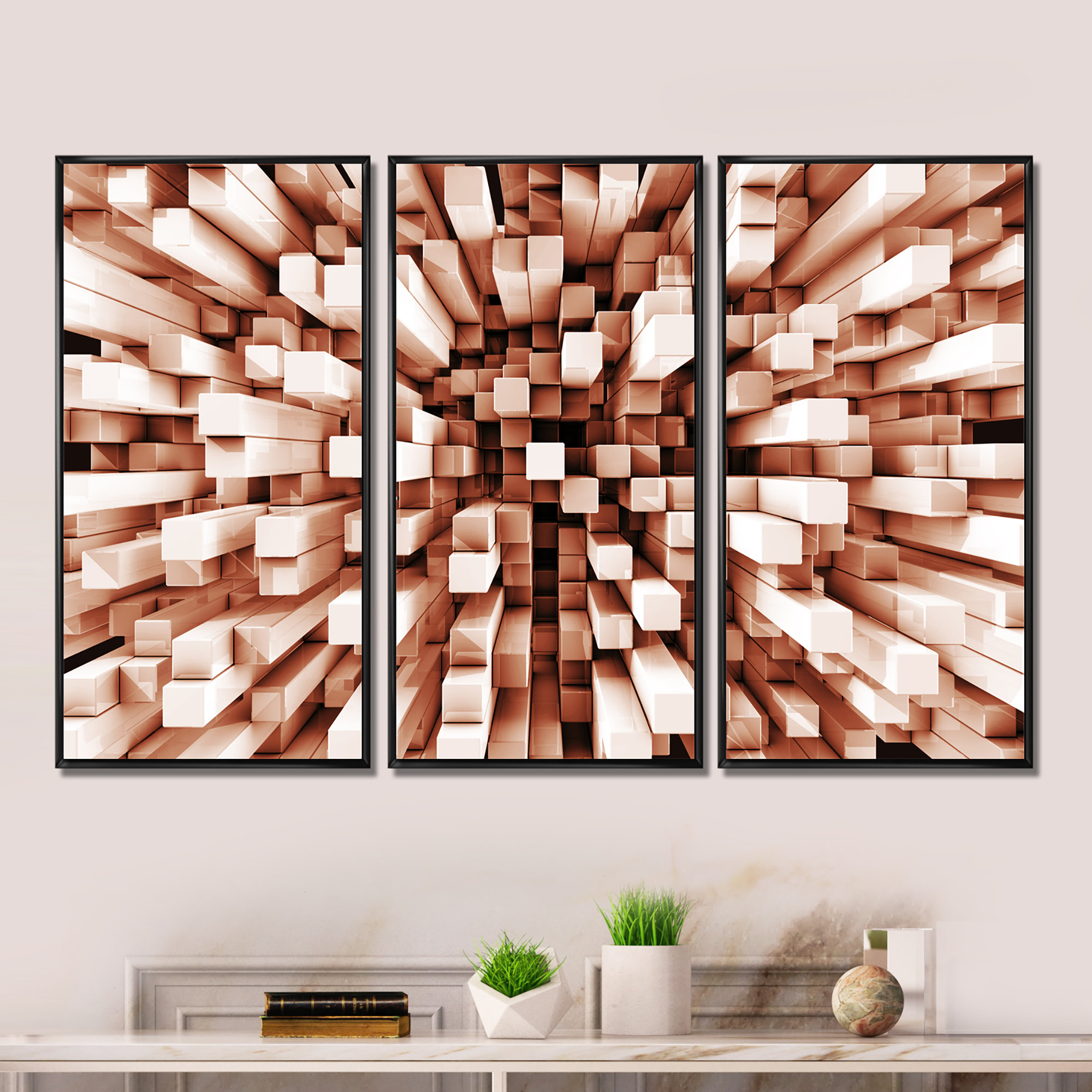 Orren Ellis Réfléchissant carreauté cube - ensemble abstrait d'art mural encadré sur toile de 3 ...