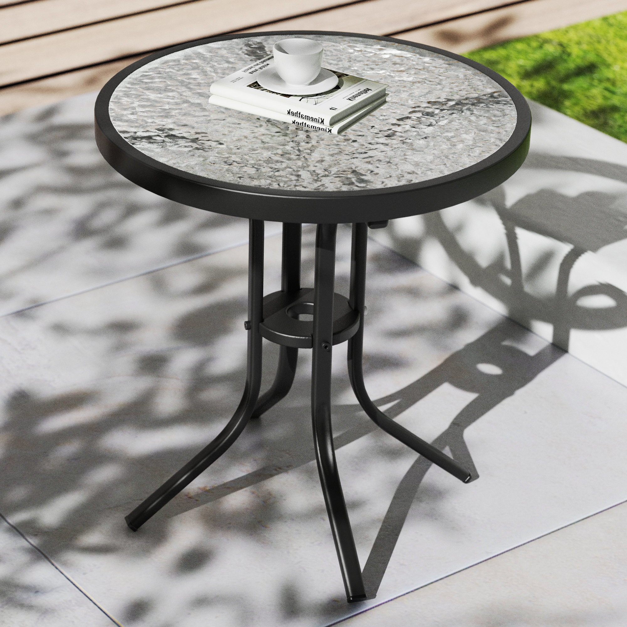 Ebern Designs Round Patio Side Table, Outdoor Water Rippled Tabletop ...