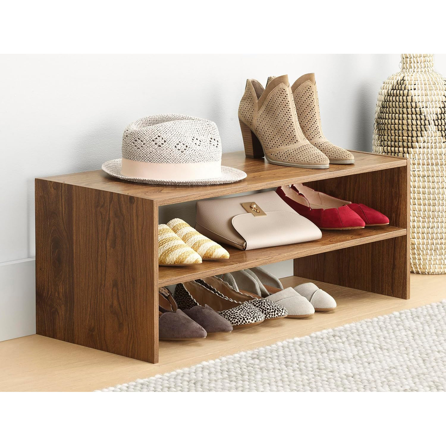 Loon Peak® Wood Stackable 2-Shelf Shoe Rack, Walnut | Wayfair