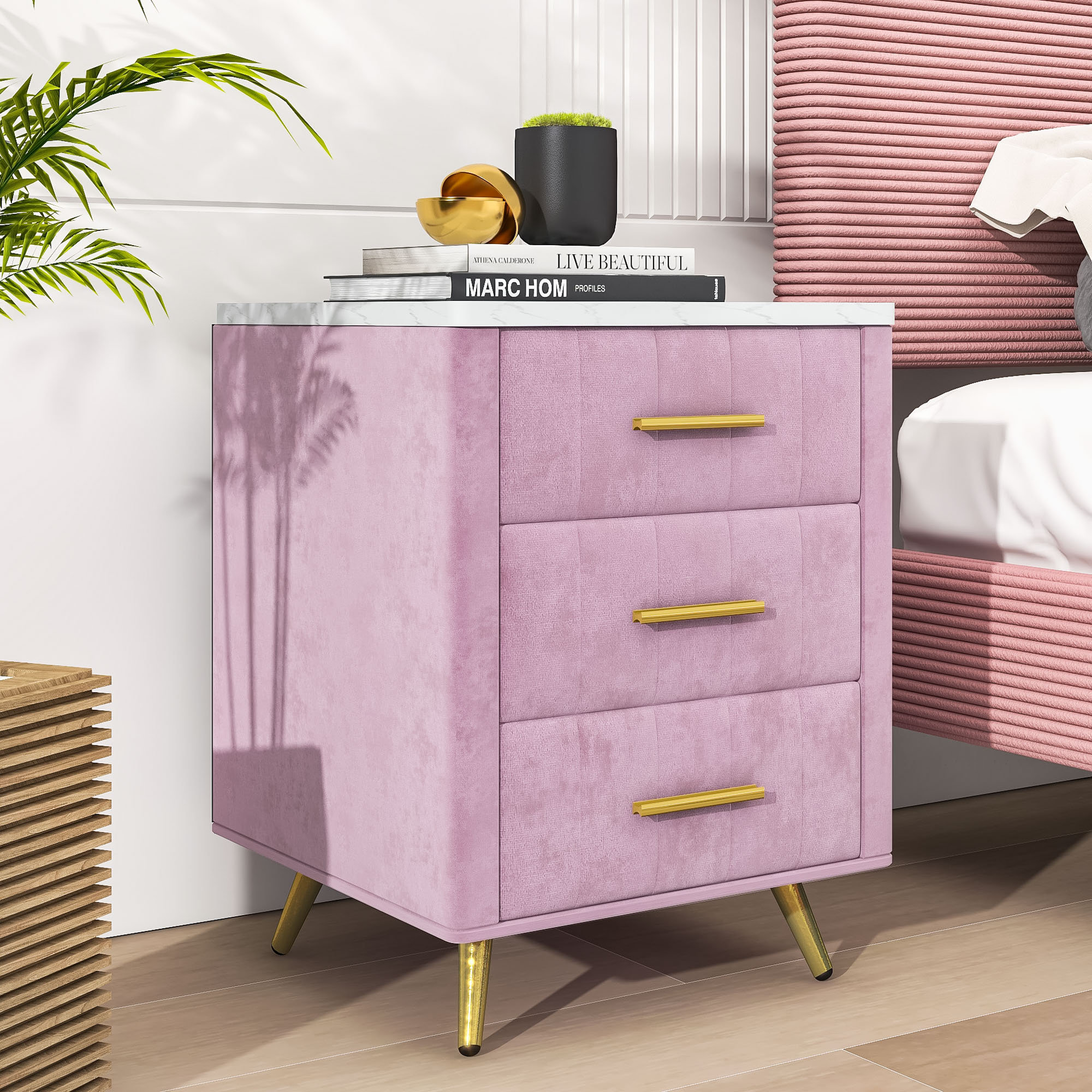 Mercer41 Nightstand with Marbled Worktop, Upholstered 3 Drawers and ...
