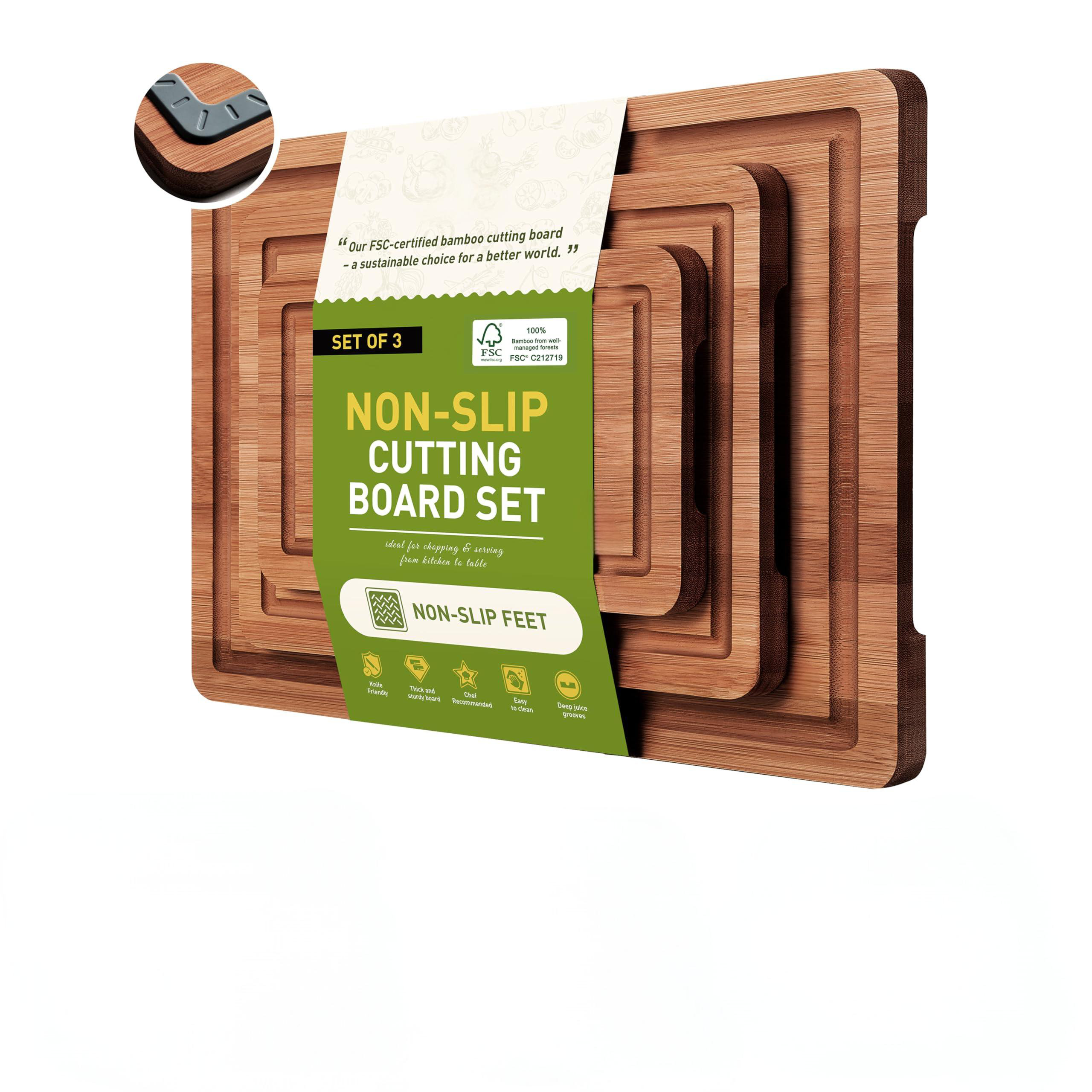 tangmaikeji 3 Packs Bamboo Cutting Board Set With Non Slip Feet And ...