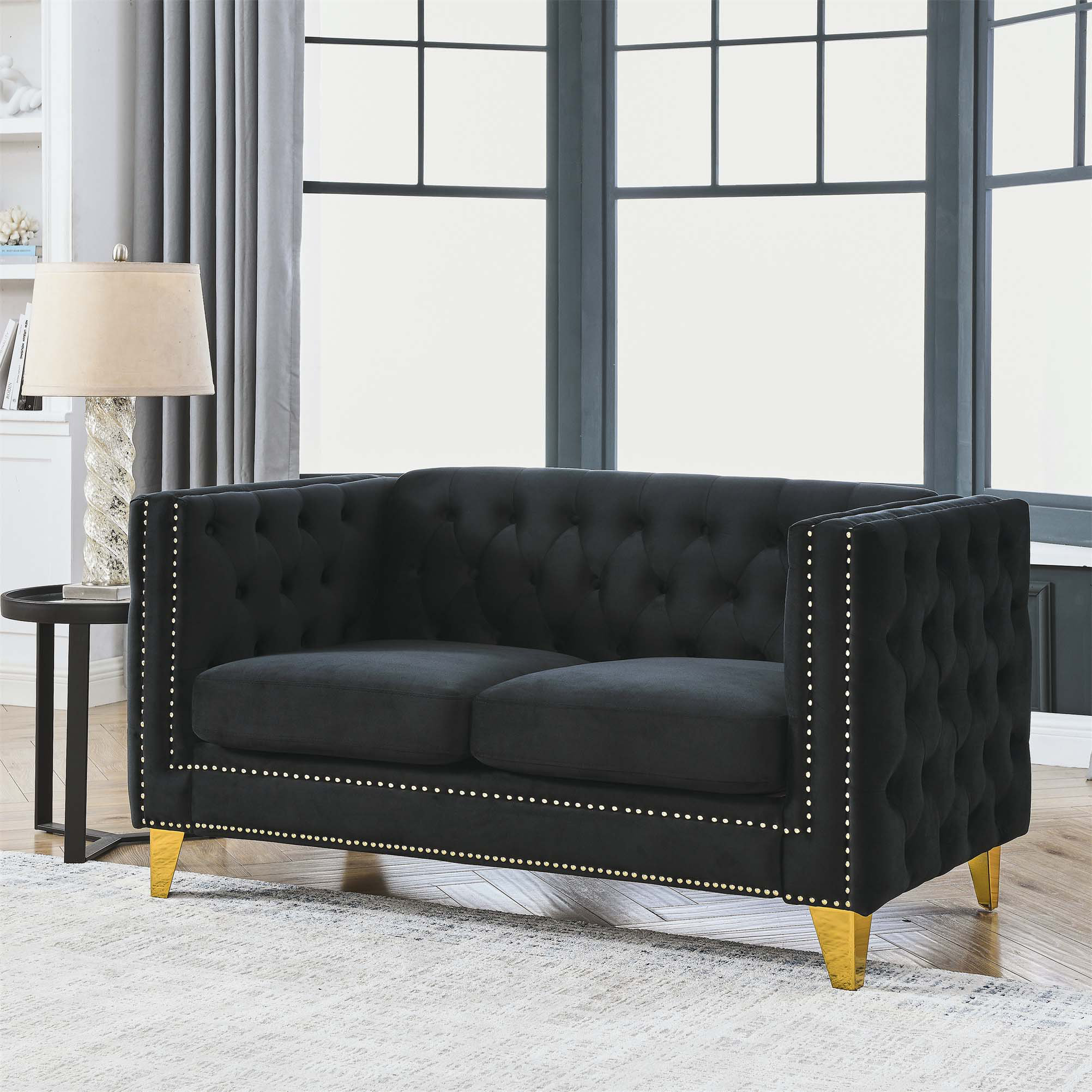 House of Hampton Velvet Sofa For Living Room,Buttons Tufted Square Arm Couch, Modern Couch ...