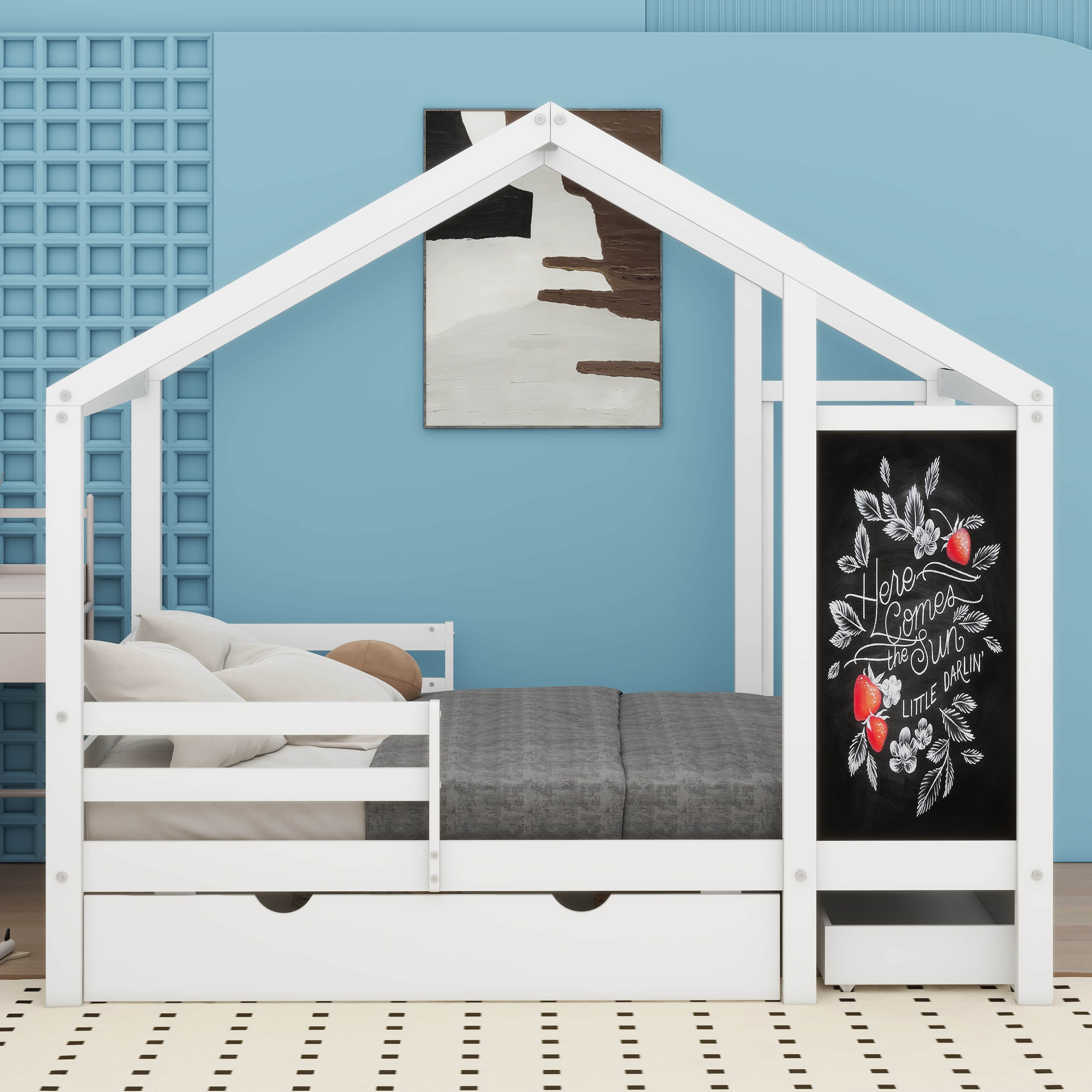 Harper Orchard Anisjon Full House Bed With Blackboard And Drawers | Wayfair