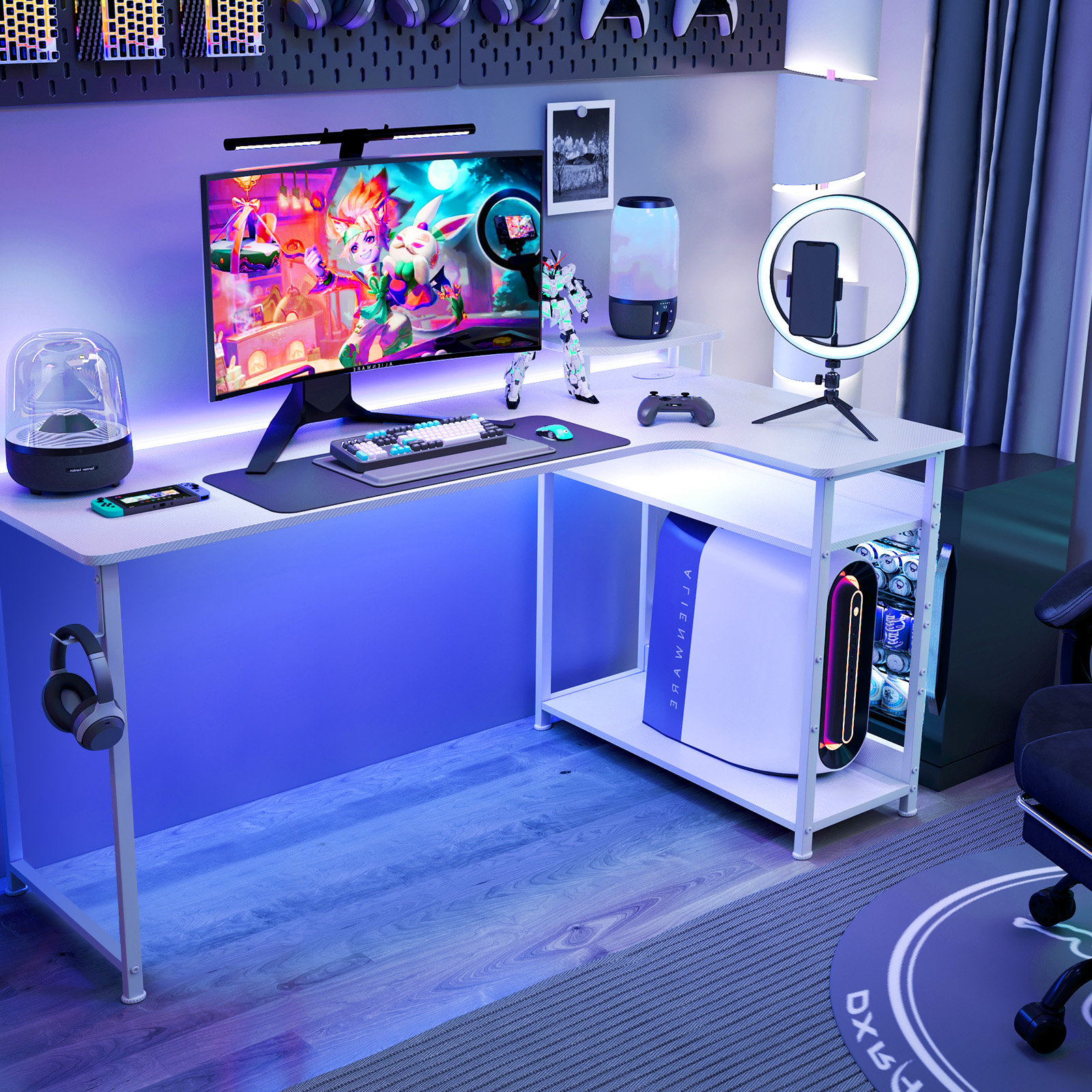 Inbox Zero Gaming Desk With Drawers, Carbon Fibre L Shaped Computer ...