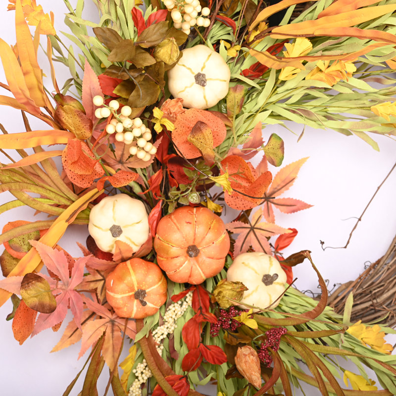 Primrue 26" Faux Fall Thanksgiving Day Pumpkin Berry Front Door Wreath ...