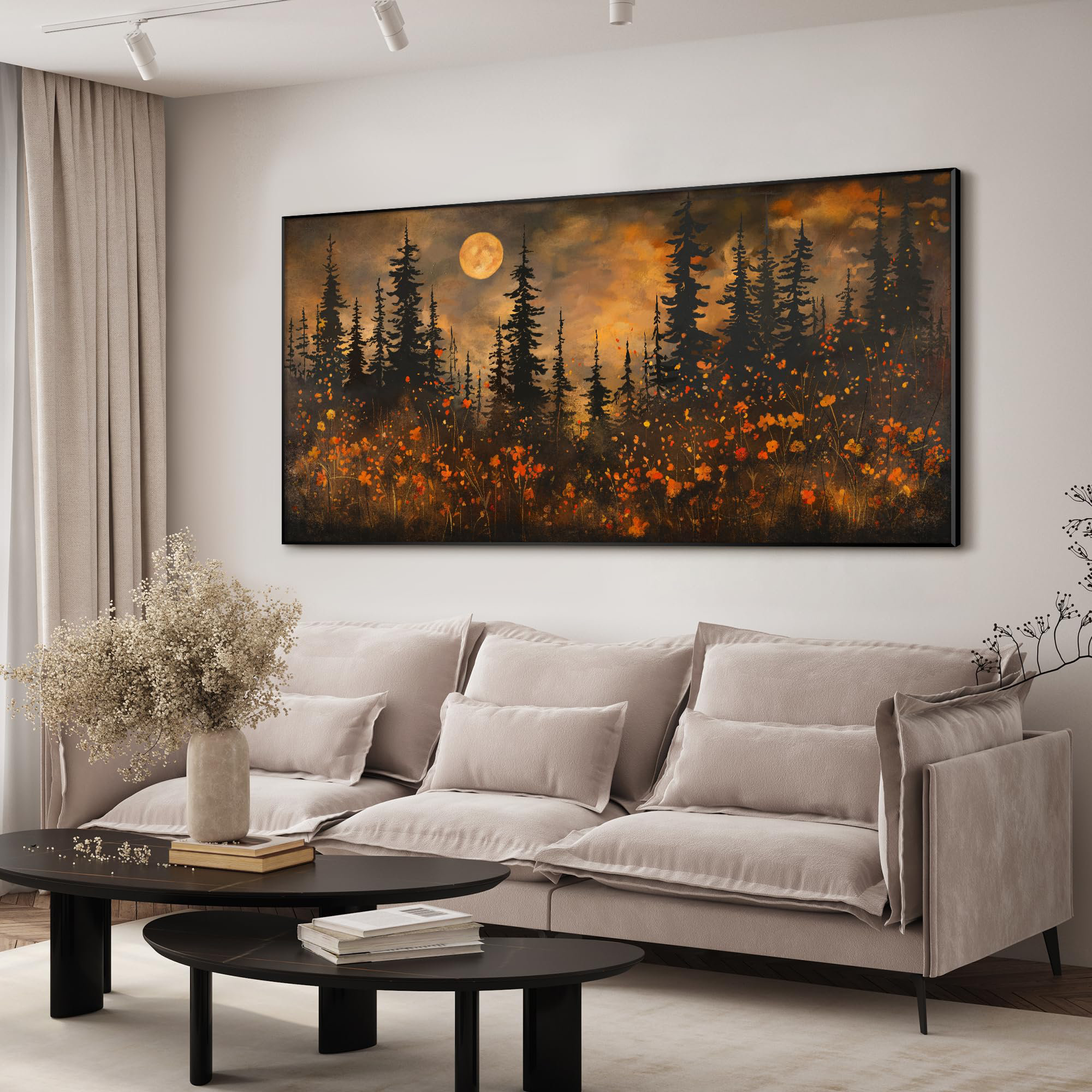 SIGNLEADER Vintage Forest with Full Moon and Wildflowers Illustrations Extra Large Framed Wall ...