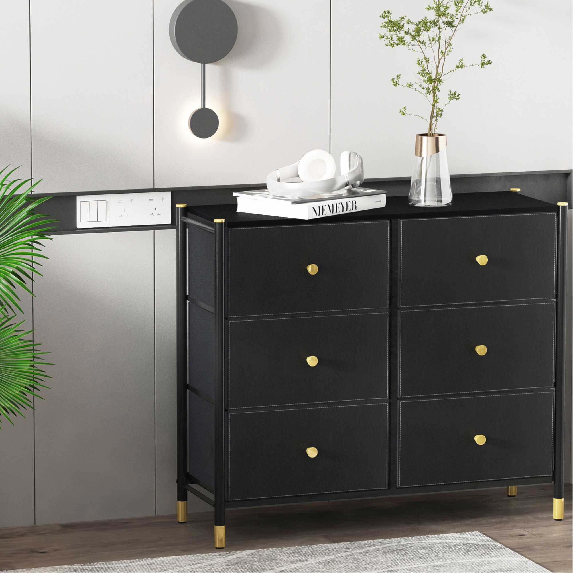 Latitude Run® Drawer Dresser,Tall Dresser With Six PU Leather Front ...